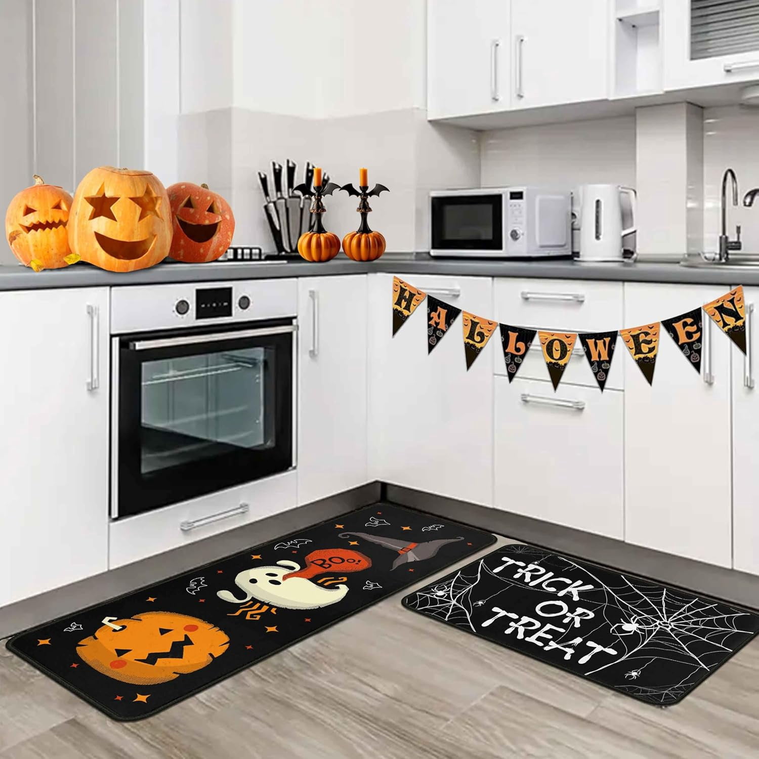 Halloween Pumpkin Kitchen Mat Set of 2, Trick or Treat Decorations ...