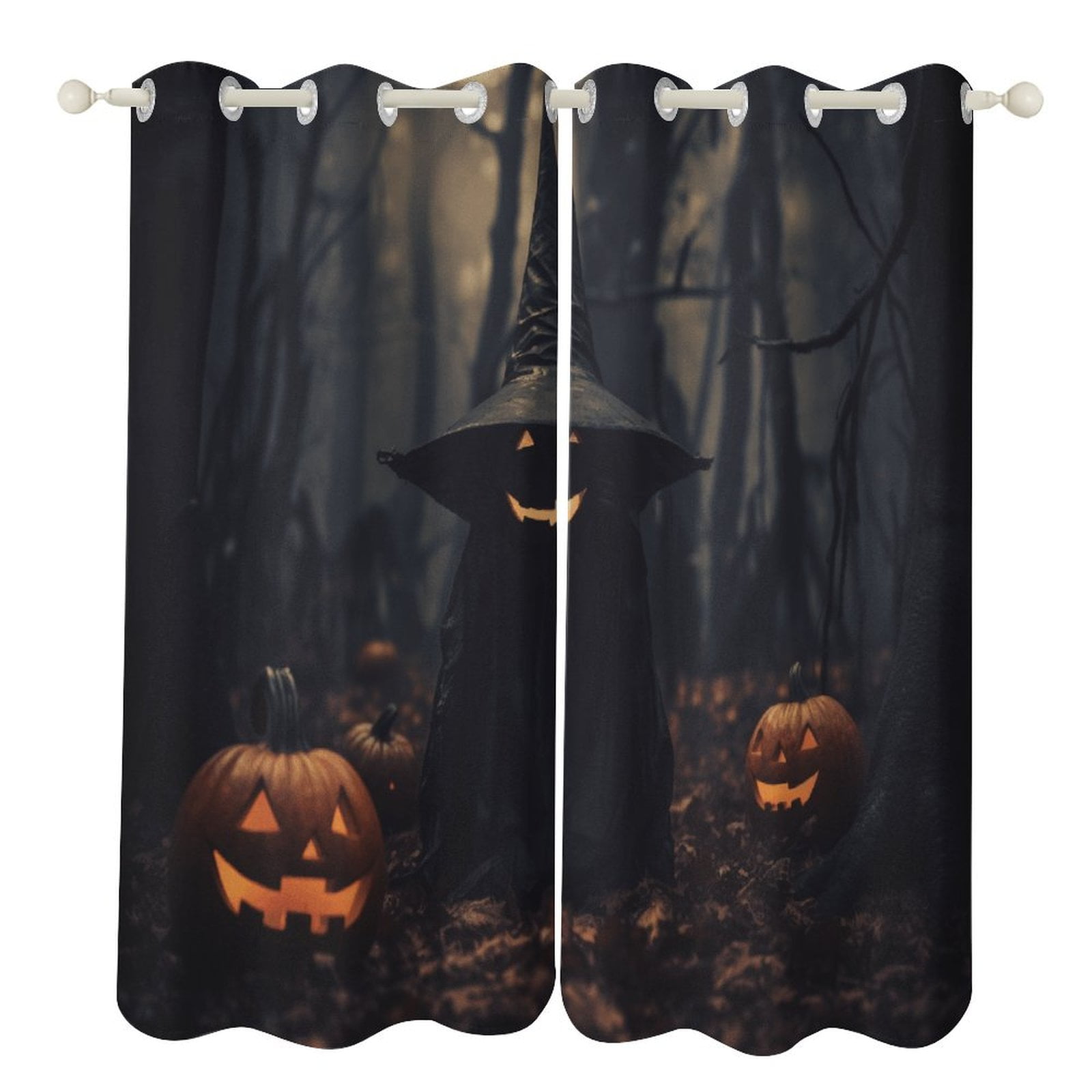 Halloween Pumpkin Lantern Bat Curtains Watercolor Theme Window Curtains ...