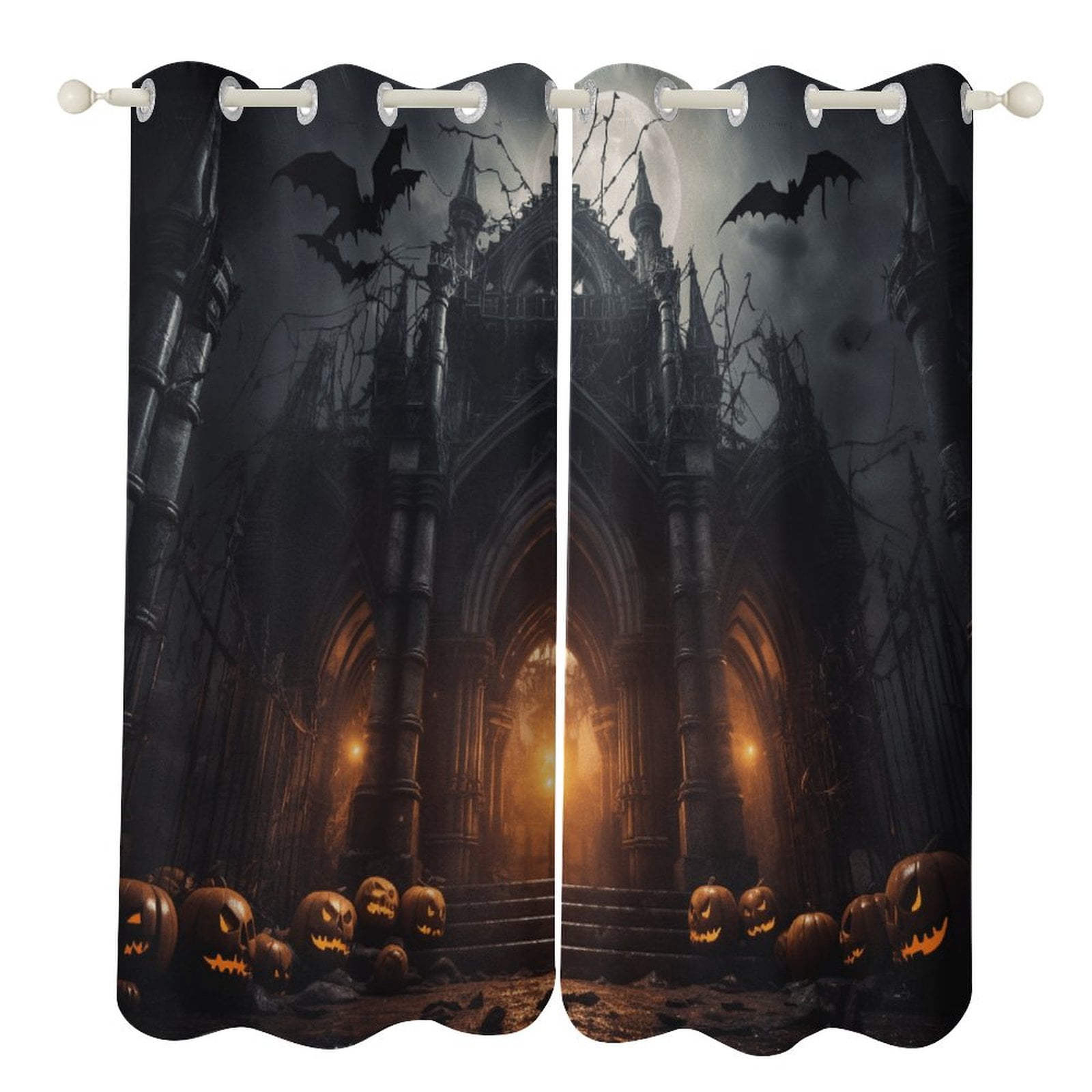 Halloween Pumpkin Lantern Bat Curtains Watercolor Theme Window Curtains ...