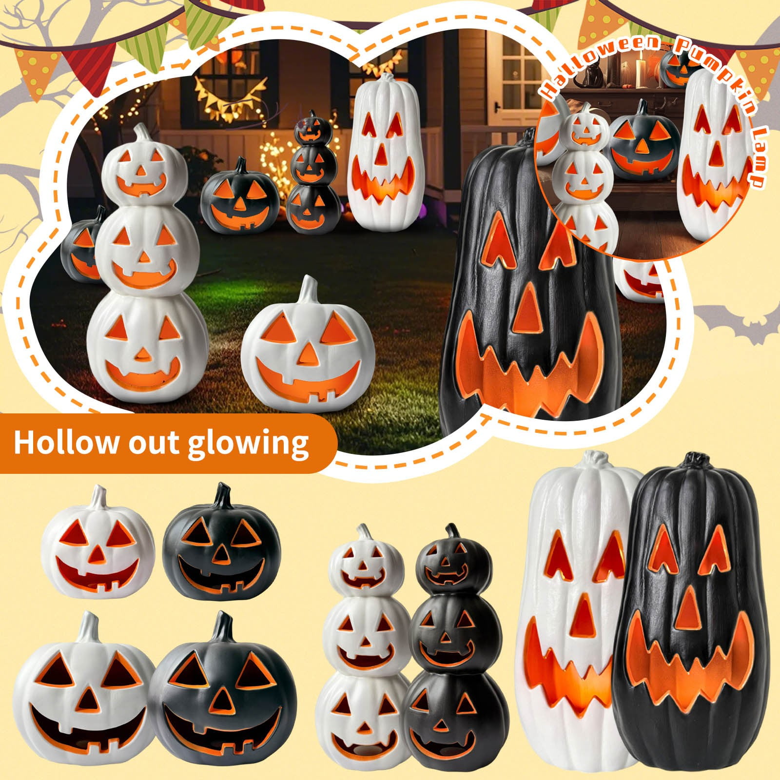 Halloween Pumpkin Lantern Decorations - Hollowed-Out Light-Up Props ...