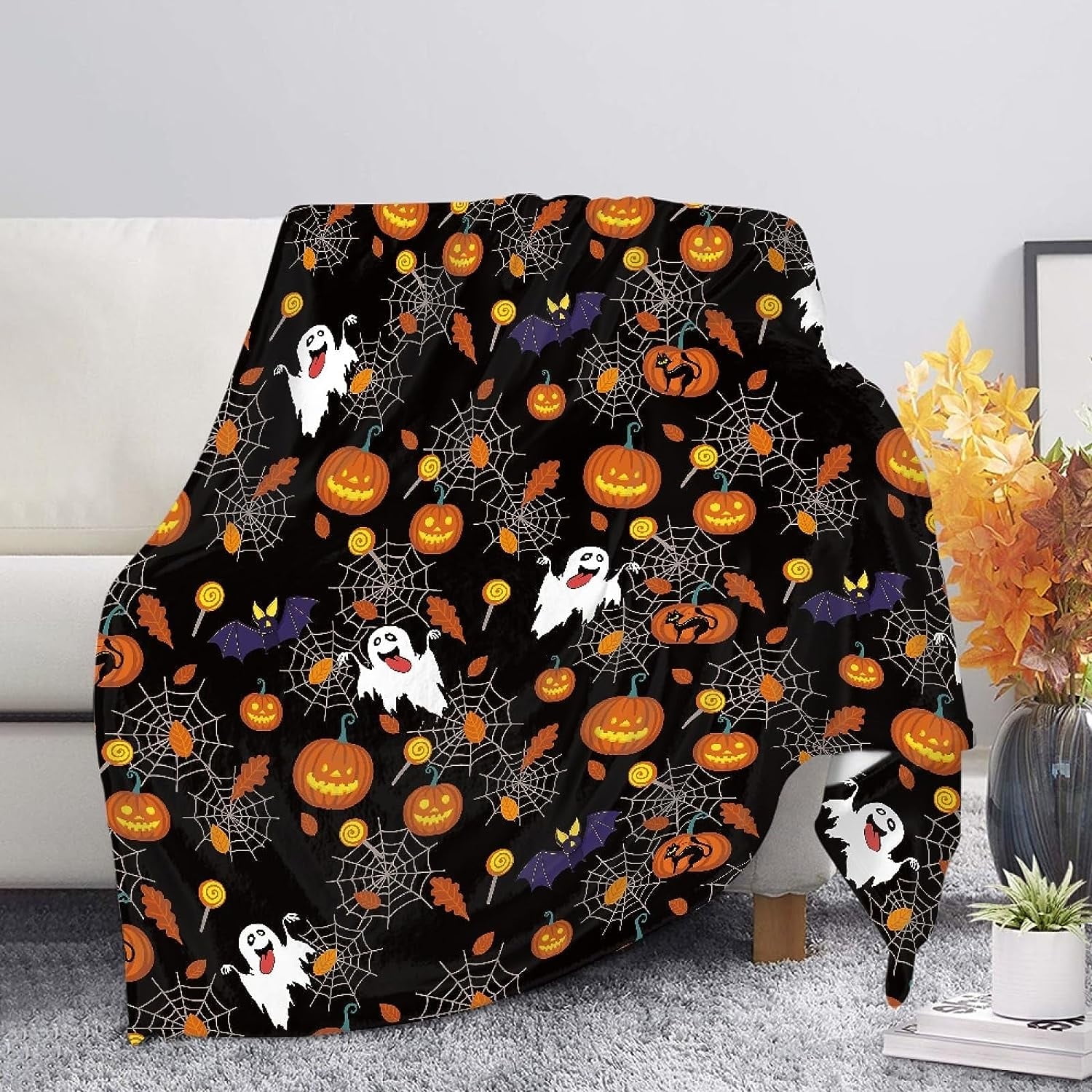 Halloween Pumpkin Microfabirc Throw Blanket Ghost and Cobweb Pattern ...