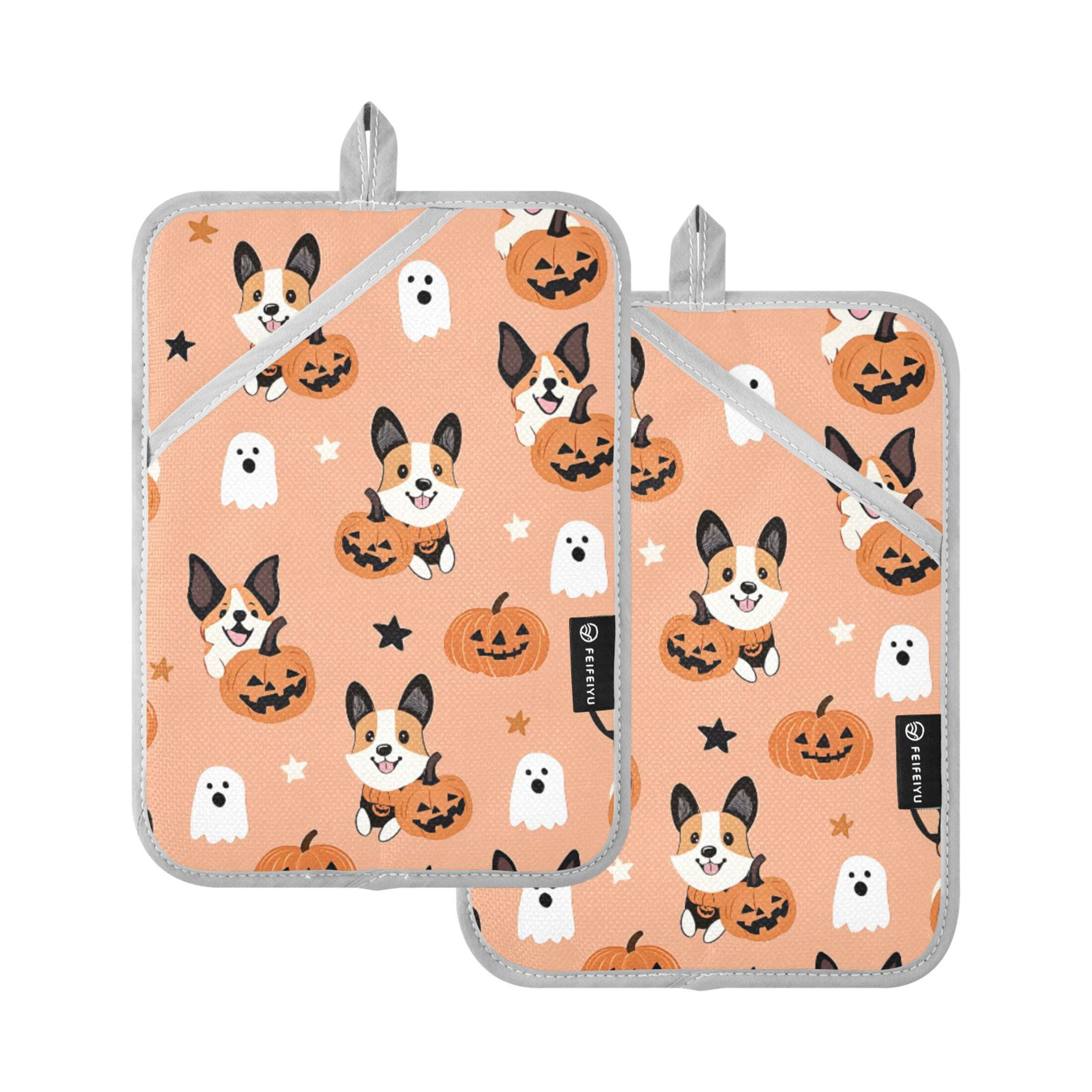 Halloween Pumpkin Puppy Pot Holder Set 2 Piece Non-Slip Oven Hot Pads ...