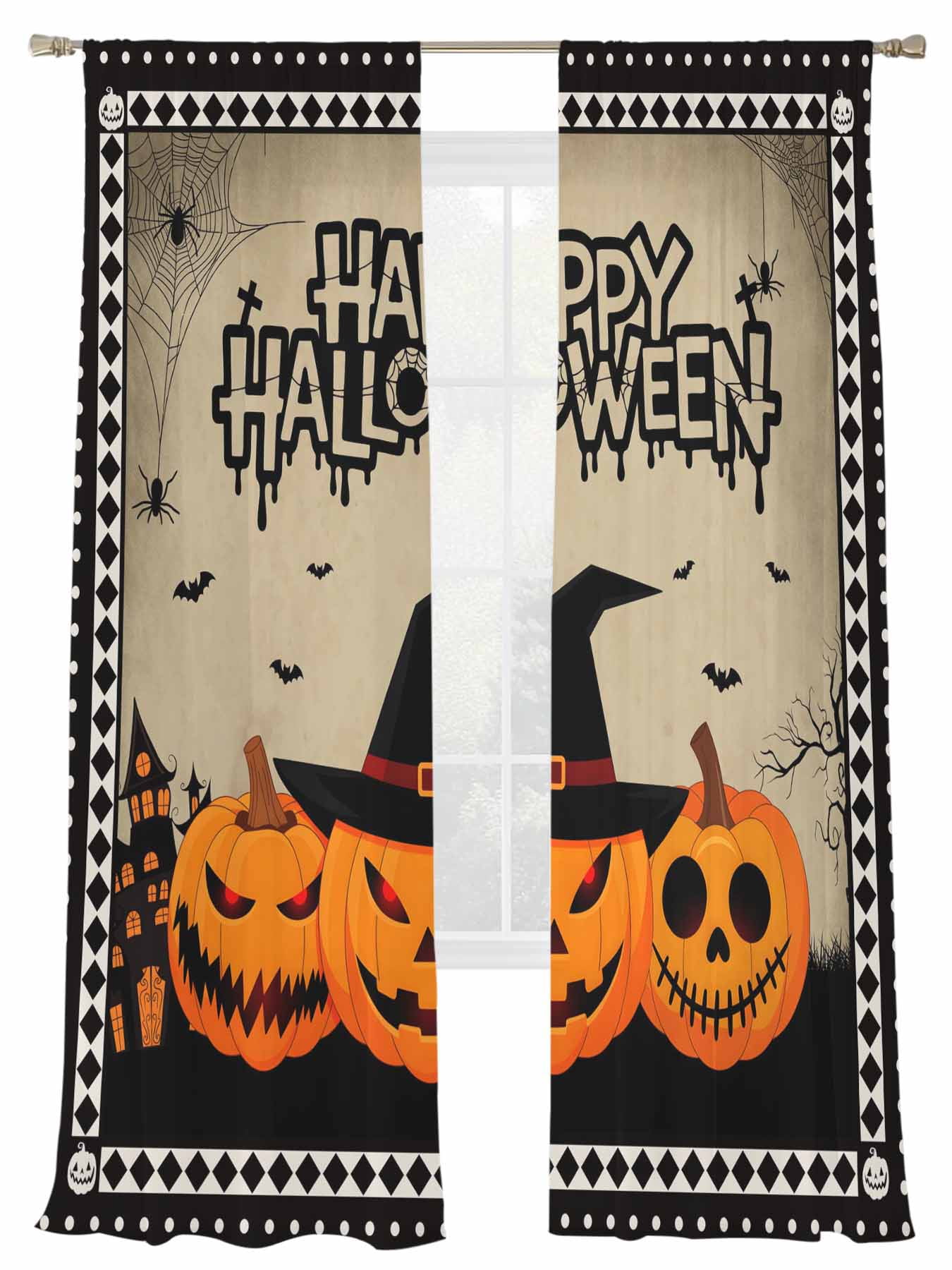 Halloween Pumpkin Sheer Curtains 96 inches Long, Castle Lattice Beige ...