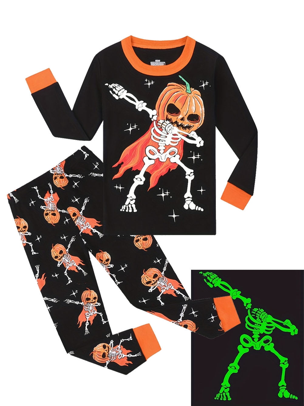 Halloween Pumpkin Skeleton Pajamas for 3-8T Boy Girl Glow-in-the-Dark 2 ...