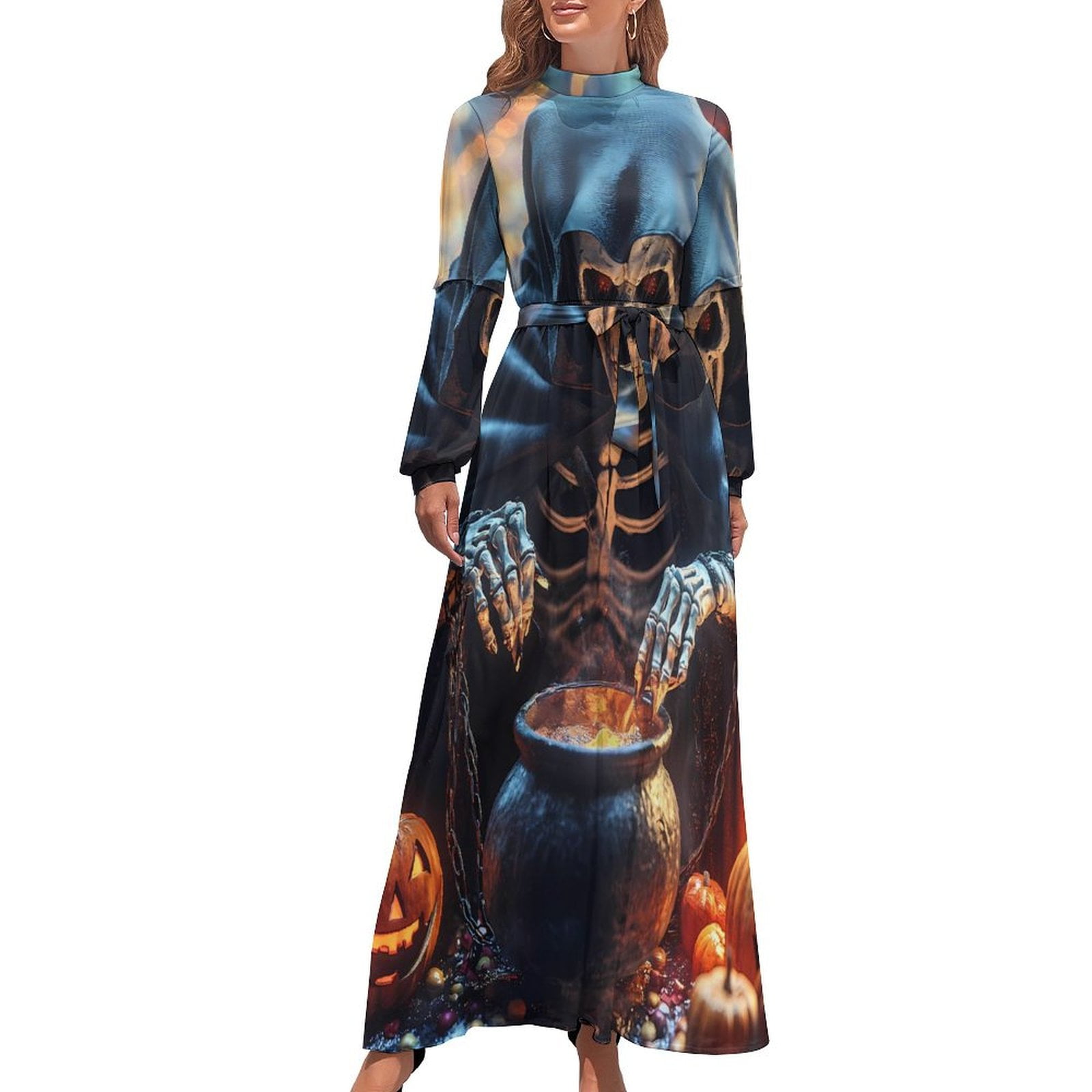 Halloween Pumpkin Skeleton Skull Wizard Women's Fall Maxi Dress Long ...