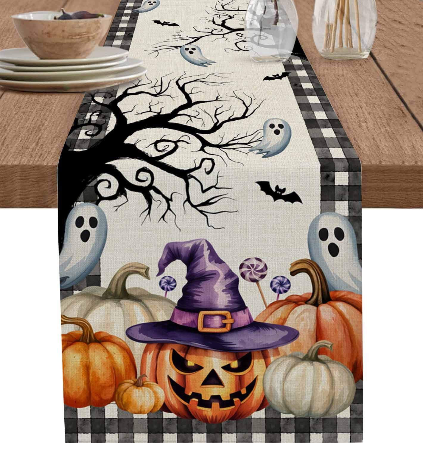 Halloween Pumpkin Table Runner 72 Inches, Ghost Bat Candy Black Plaid ...
