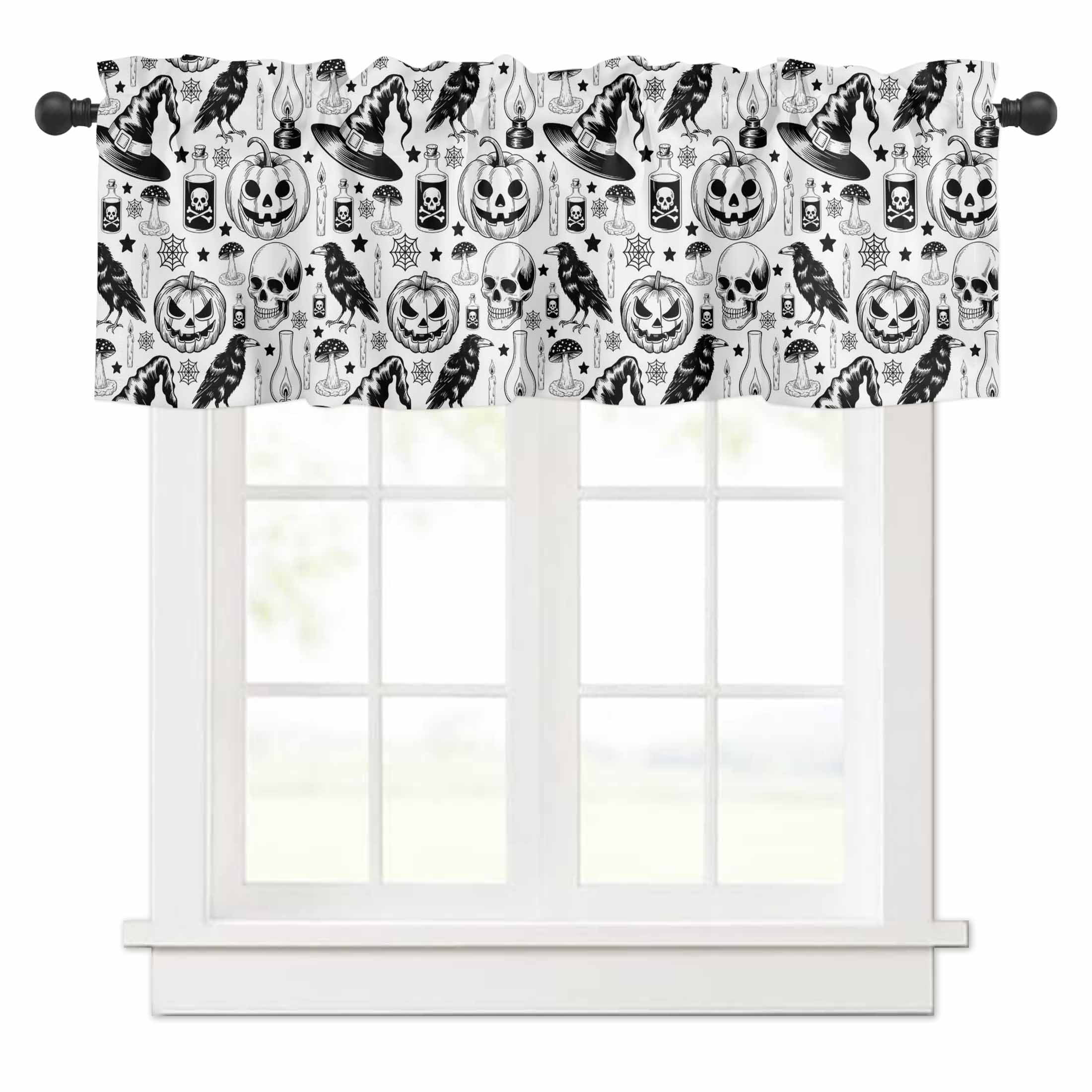 Halloween Pumpkin Valances for Windows Skull Head Hat Crow Potion ...