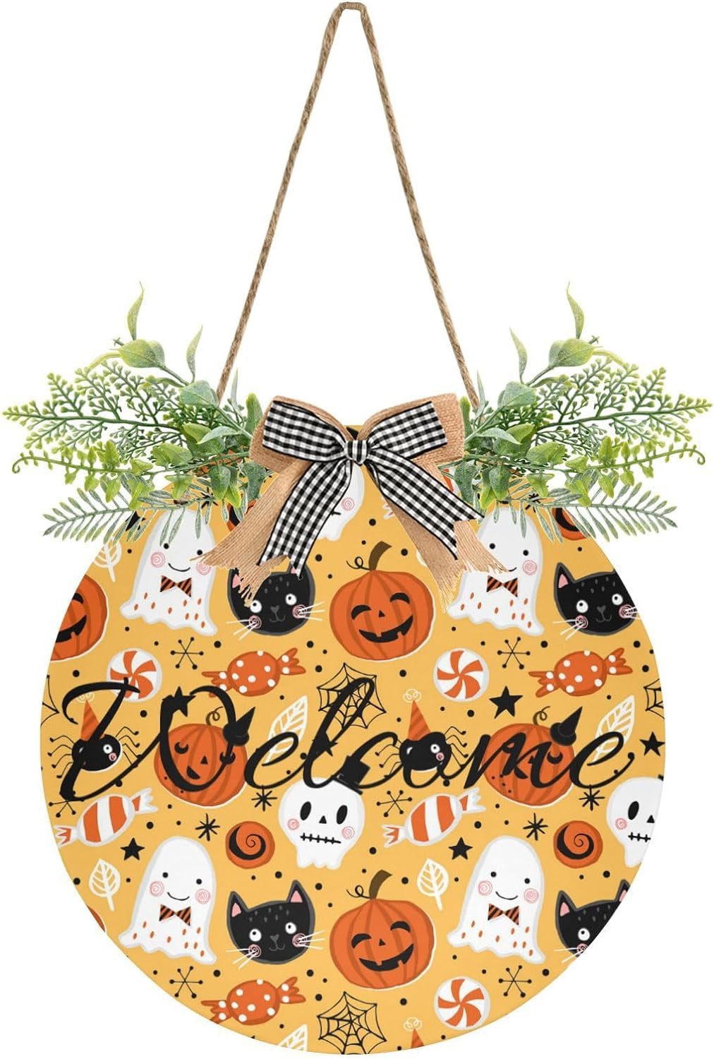 Halloween Pumpkin Welcome Sign Front Door Round Wall Door Sign with ...