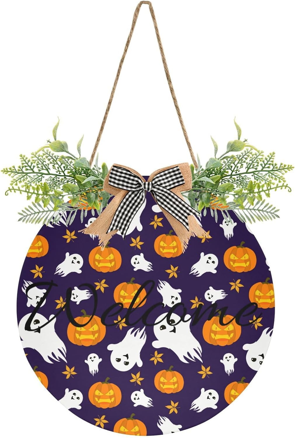 Halloween Pumpkin Welcome Sign Front Door Round Wall Door Sign with ...