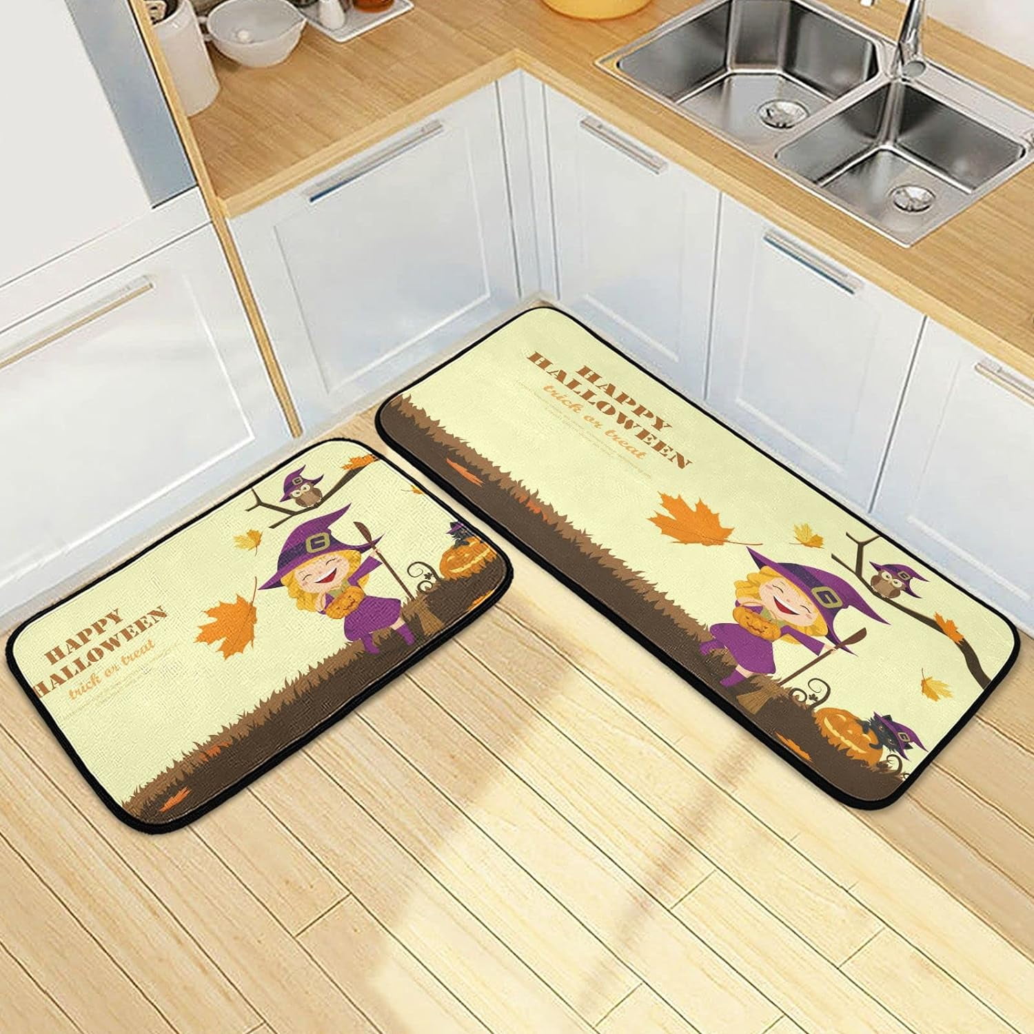 Halloween Pumpkin Witch Kitchen Rugs 2 Pieces, Owl Maple Black Cat ...