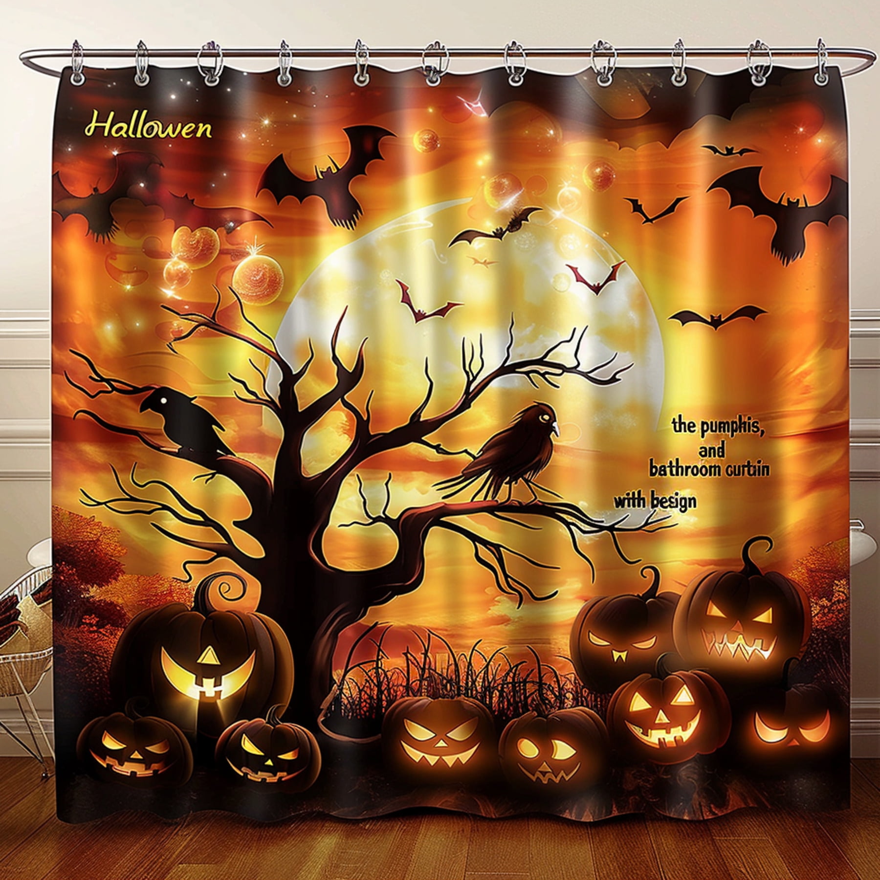 Halloween Pumpkin And Crow Shower Curtain With Bat Pattern Design