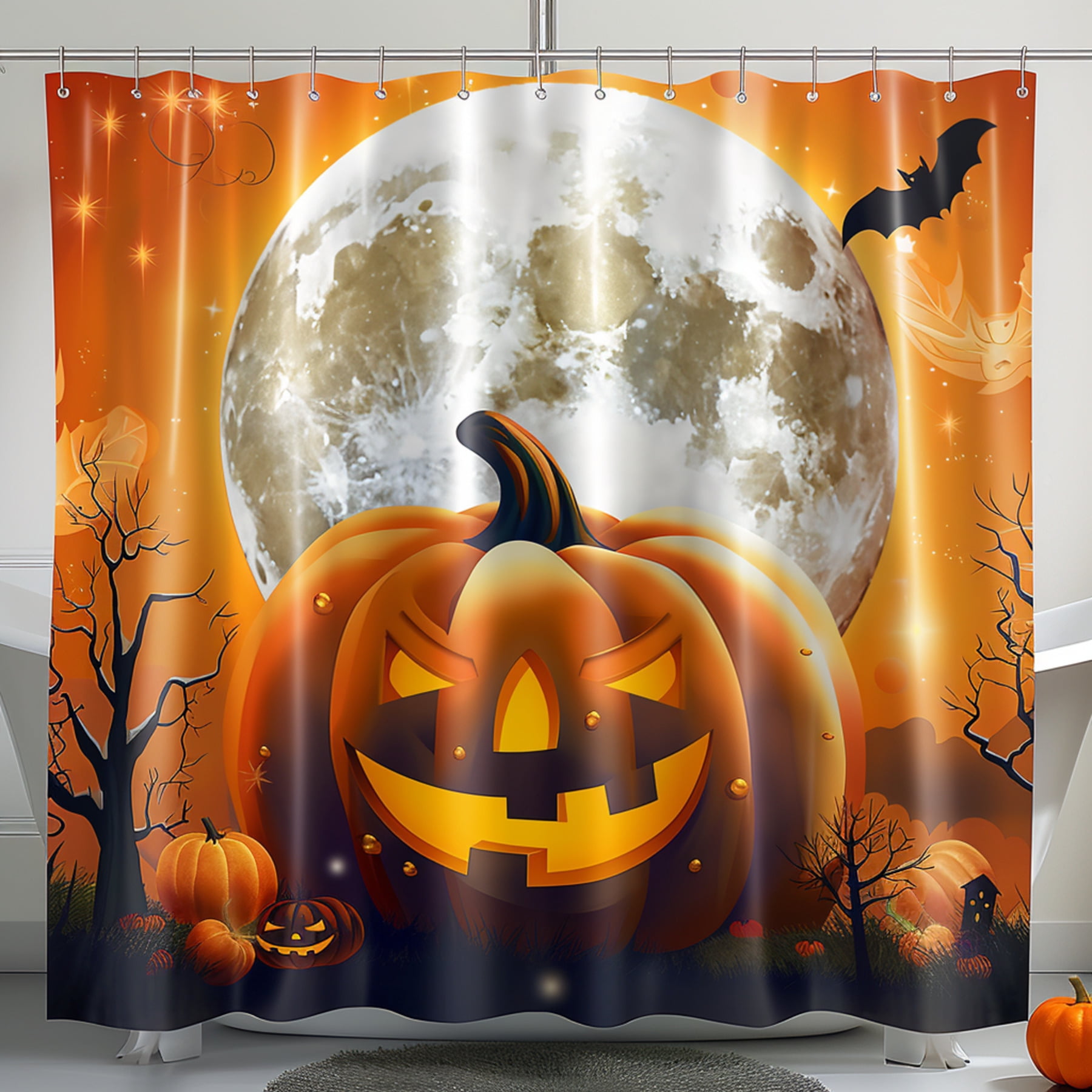 Halloween Pumpkins Bathroom Shower Curtain Cartoon Moon Scene Design