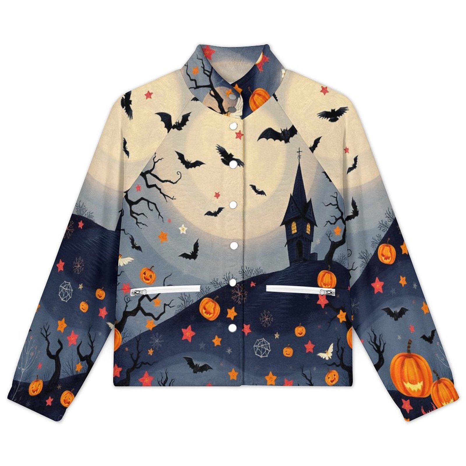 Halloween Pumpkins Bats Spooky Scene Fall Winter Women Jacket Stand ...