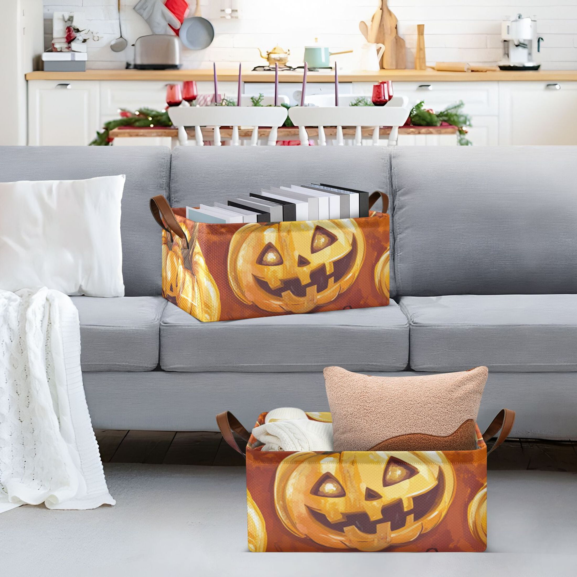 Halloween Pumpkins Storage Bins with Handles Foldable Storage Baskets ...