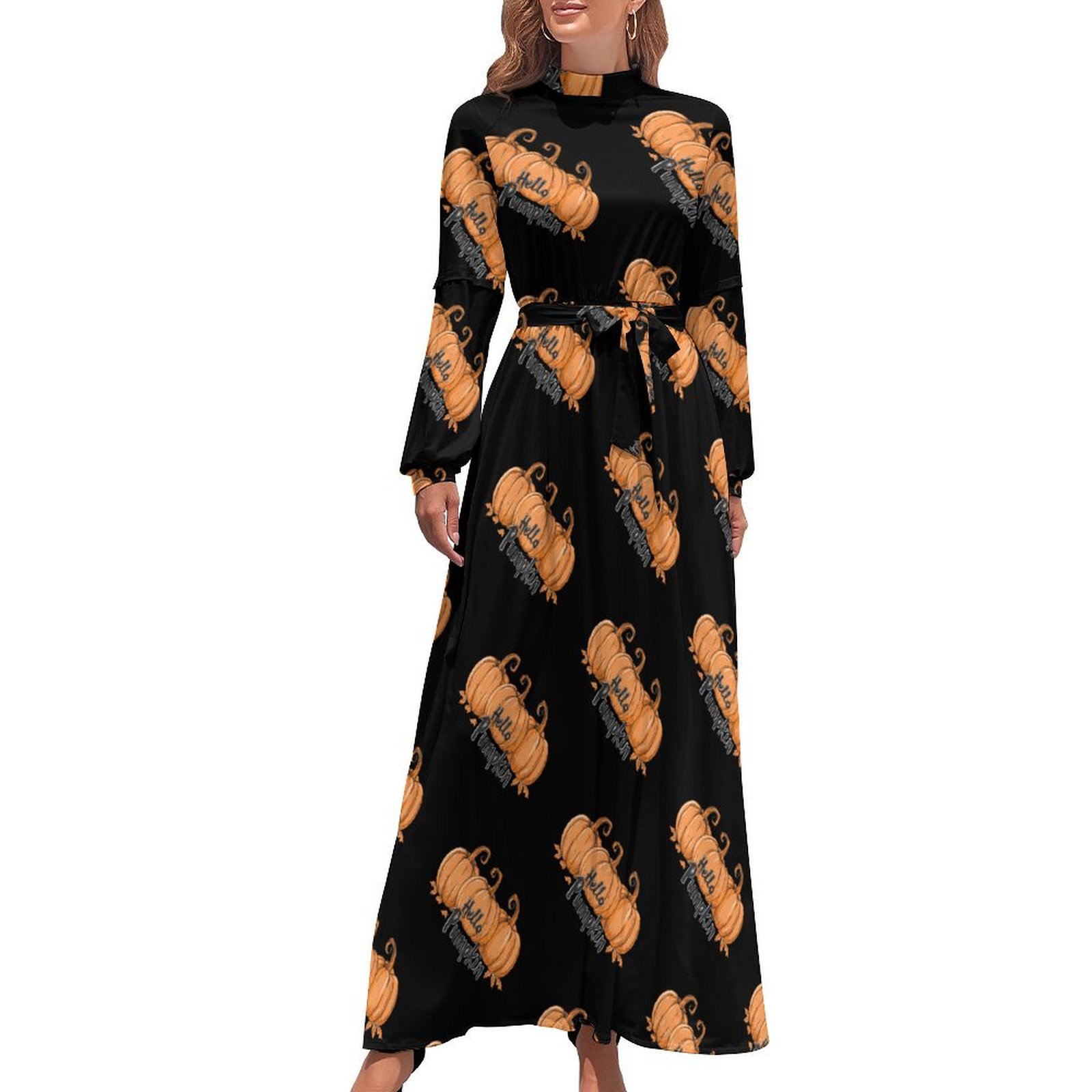 Halloween Pumpkins Women's Fall Maxi Dress Long Sleeve Turtleneck Flowy ...