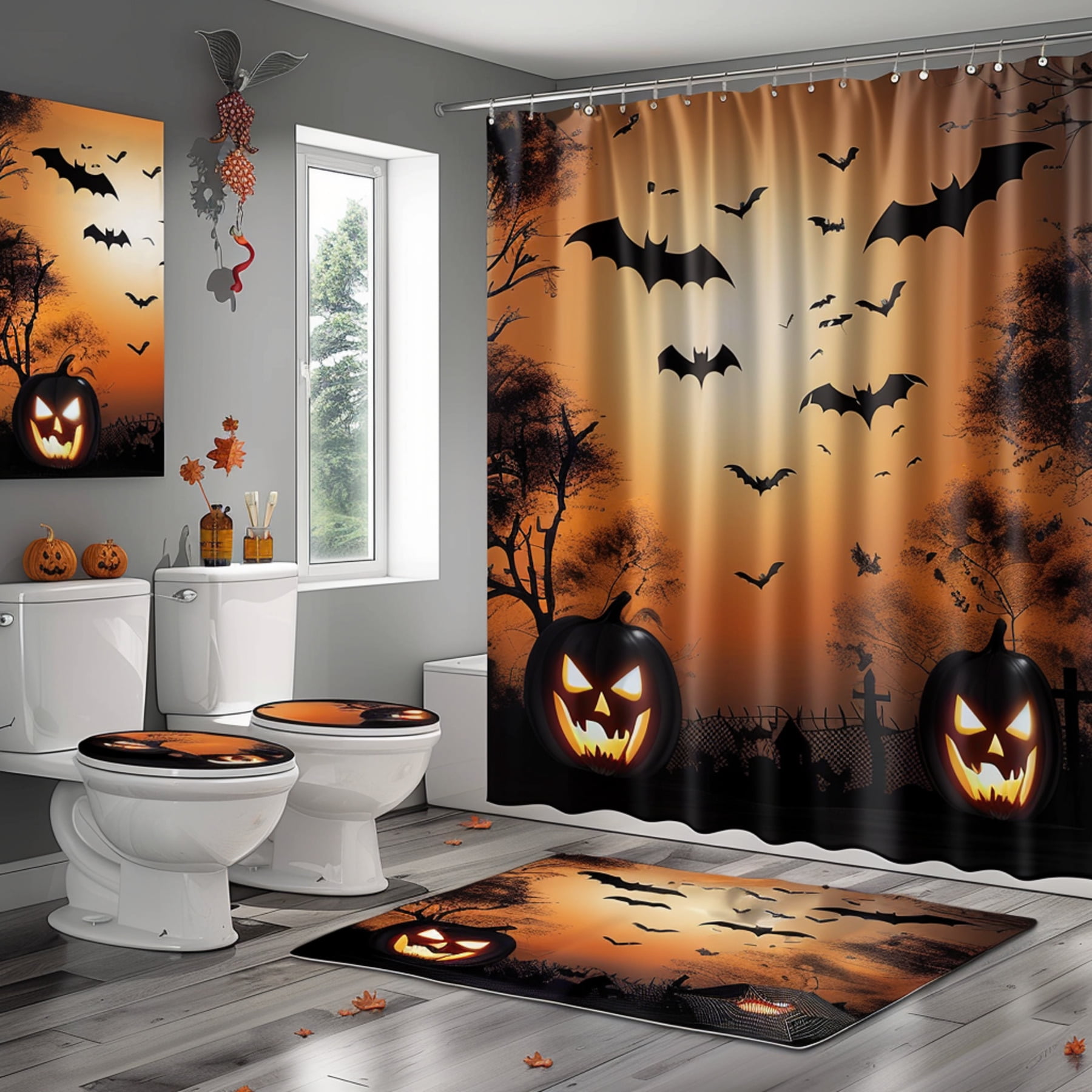 Halloween Pumpkins And Bats Shower Curtain Orange And Black Bathroom