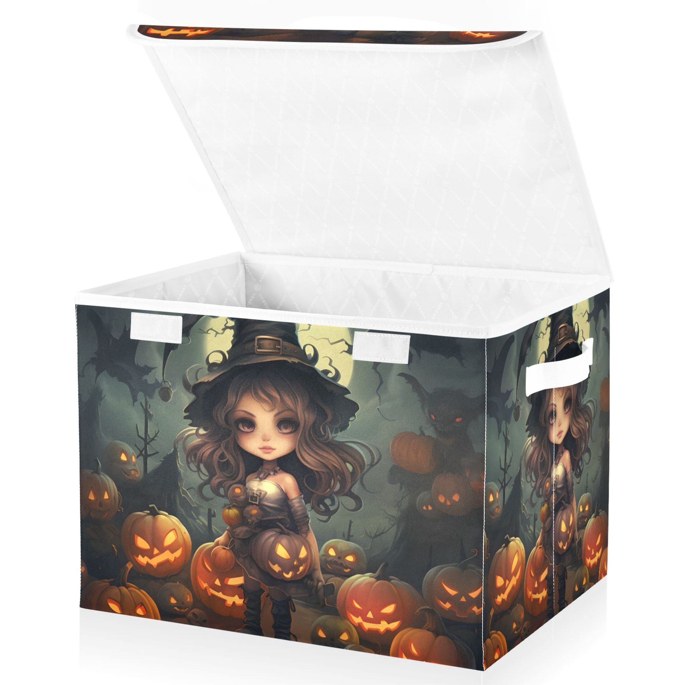 Halloween Pumpkins with Bats Large Lidded Bin Foldable Storage Baskets ...