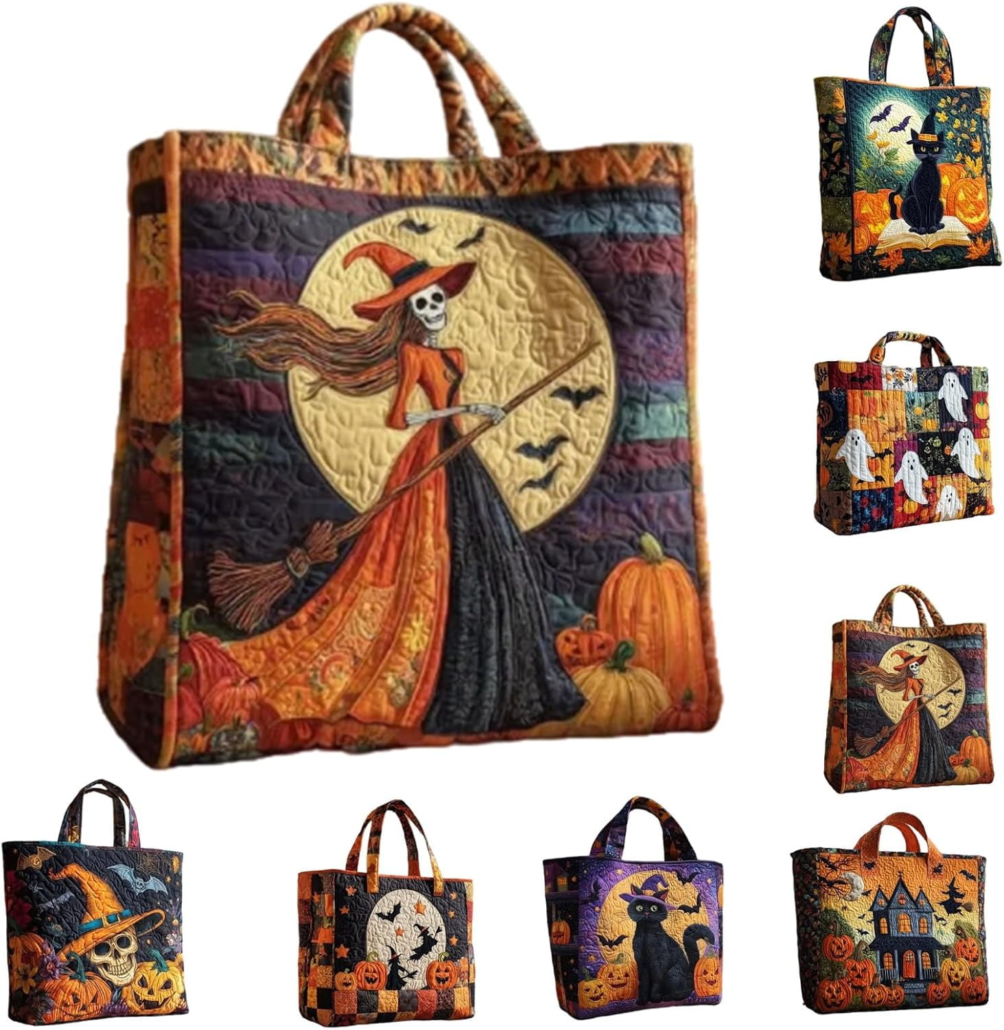 Halloween Quilted Tote Bag, Spooky Ghost Pattern Design Tote Bag for ...