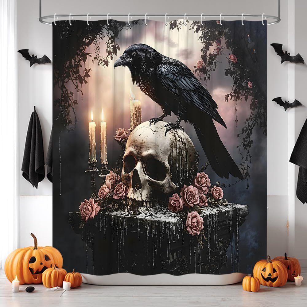 Halloween Raven Shower Curtain Gothic Crow on Skull Skeleton Pink Rose ...