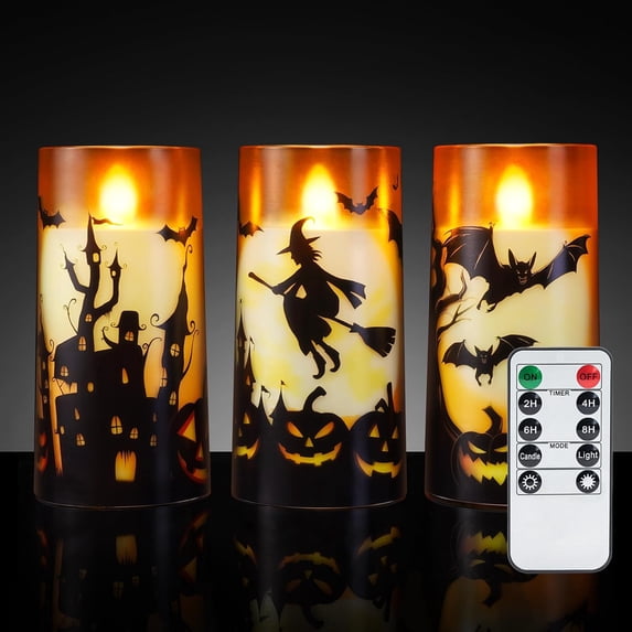 Halloween Realistic Flickering Flameless Candles, Orange, Set of 3 ...