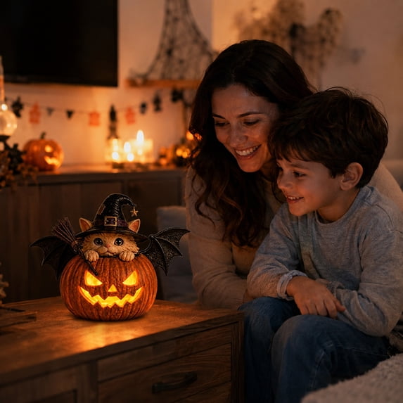 Halloween Resin Pumpkin Figurine Lamp for Tabletop Decor , Cute Witch ...