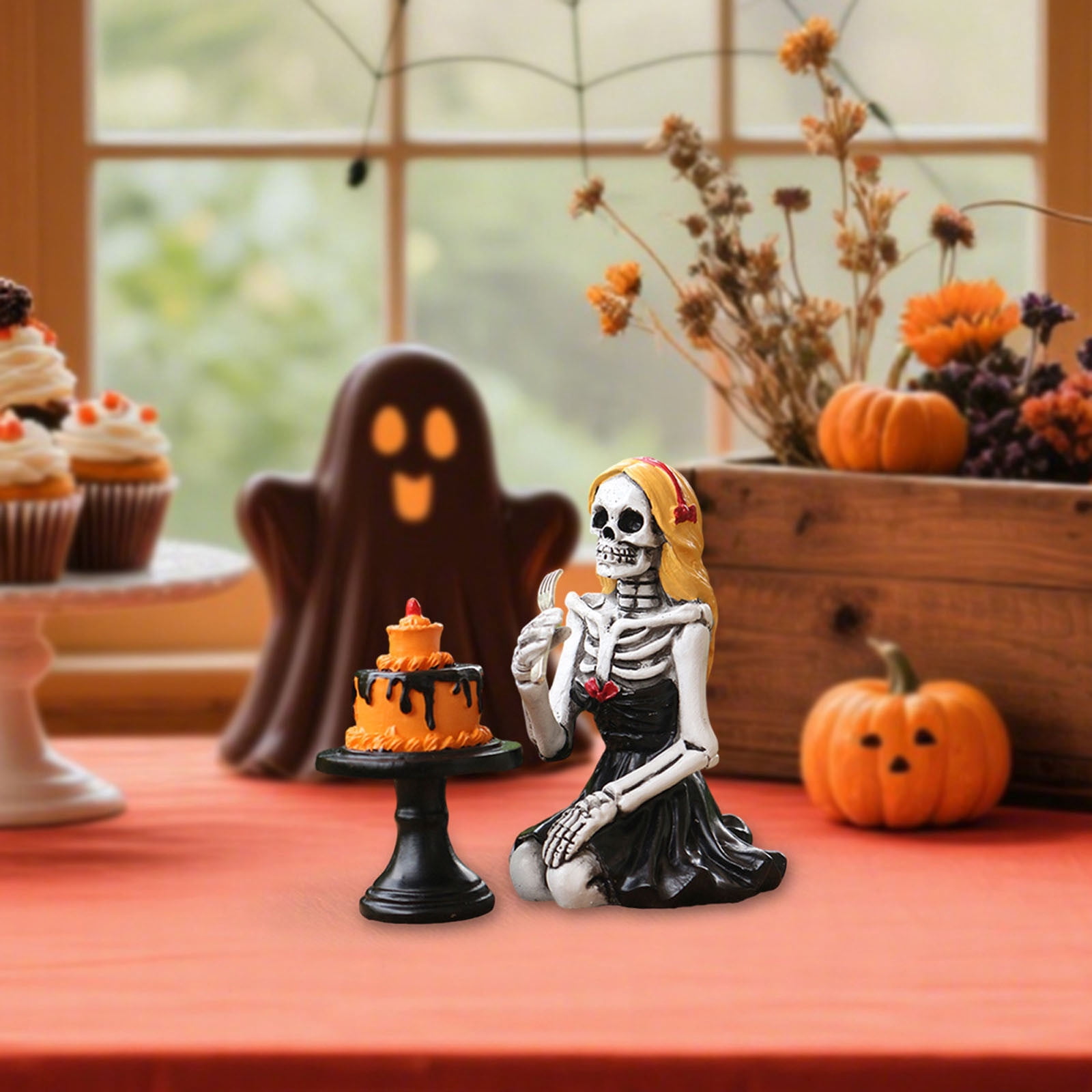 Halloween Resin Skeleton Girl with Cake Decor - Black Dress Figure ...