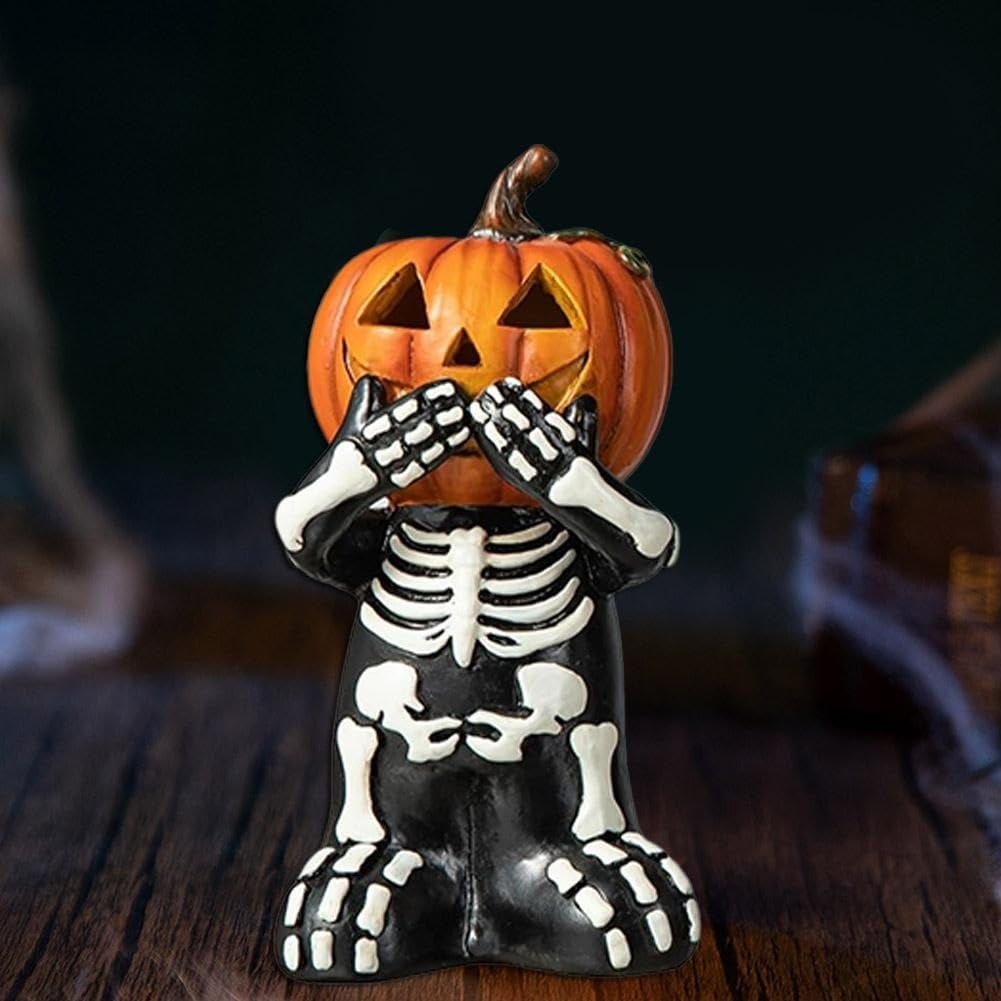 Halloween Resin Skeleton with Pumpkin Head - Spooky See No Evil Skeleton Decor - Tabletop ...