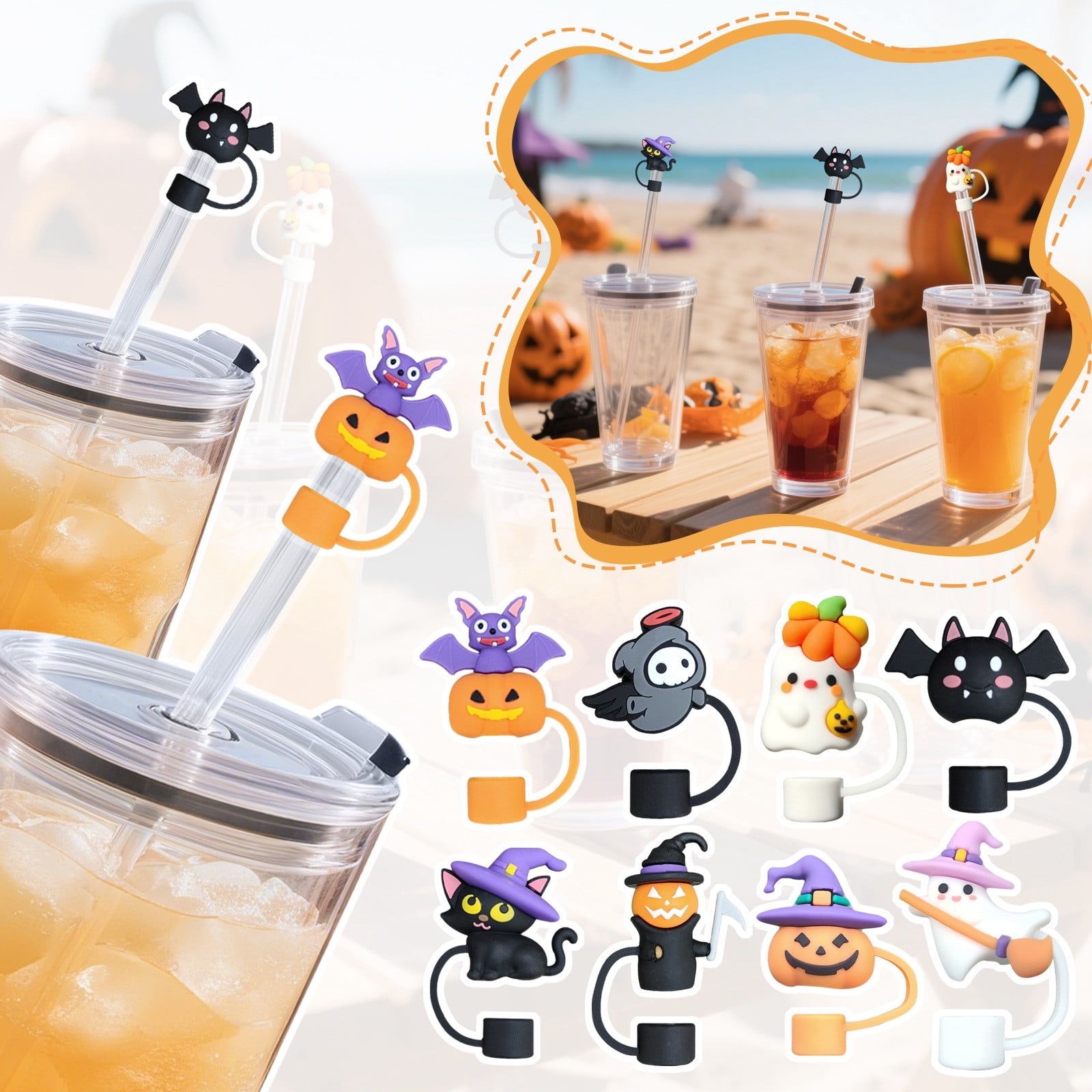 Halloween Reusable 10Mm Straw Covers, Pumpkin Ghosts Design Straw ...