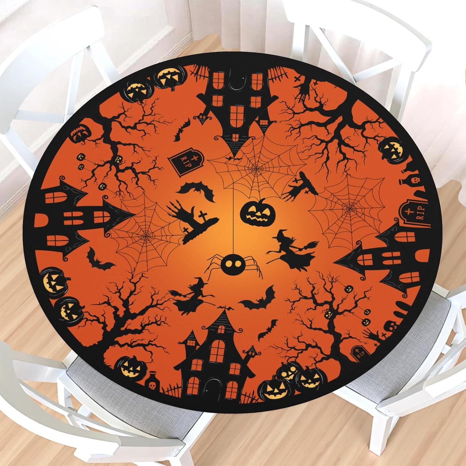 Halloween Round Fitted Tablecloth with Elastic Edge,Water-Resistant ...
