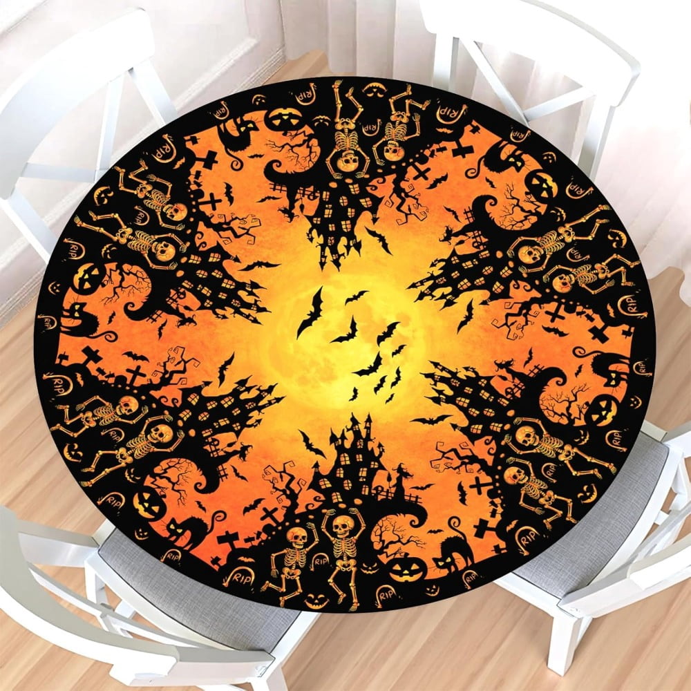 Halloween Round Fitted Tablecloth with Elastic Edge,Water-Resistant ...