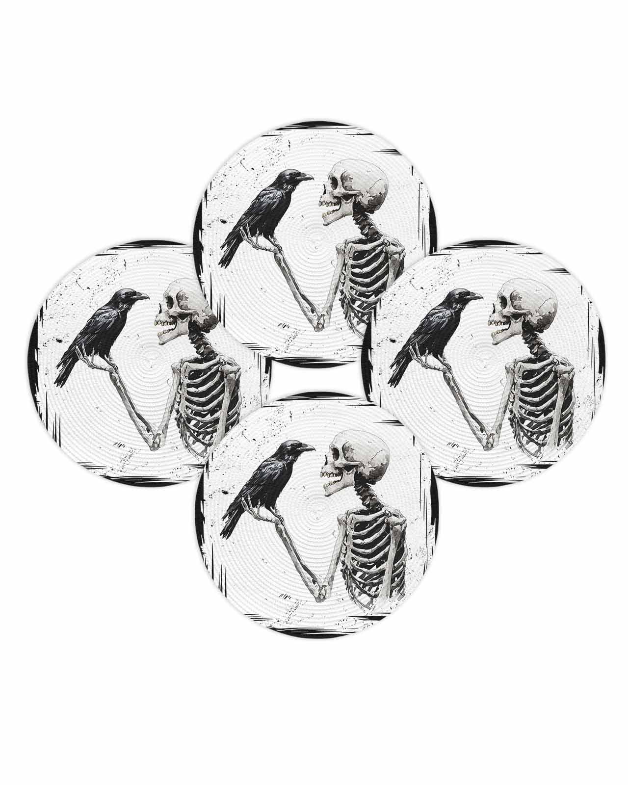 Halloween Round Placemats Set of 4 Crow Skull Place Mats Washable Woven ...