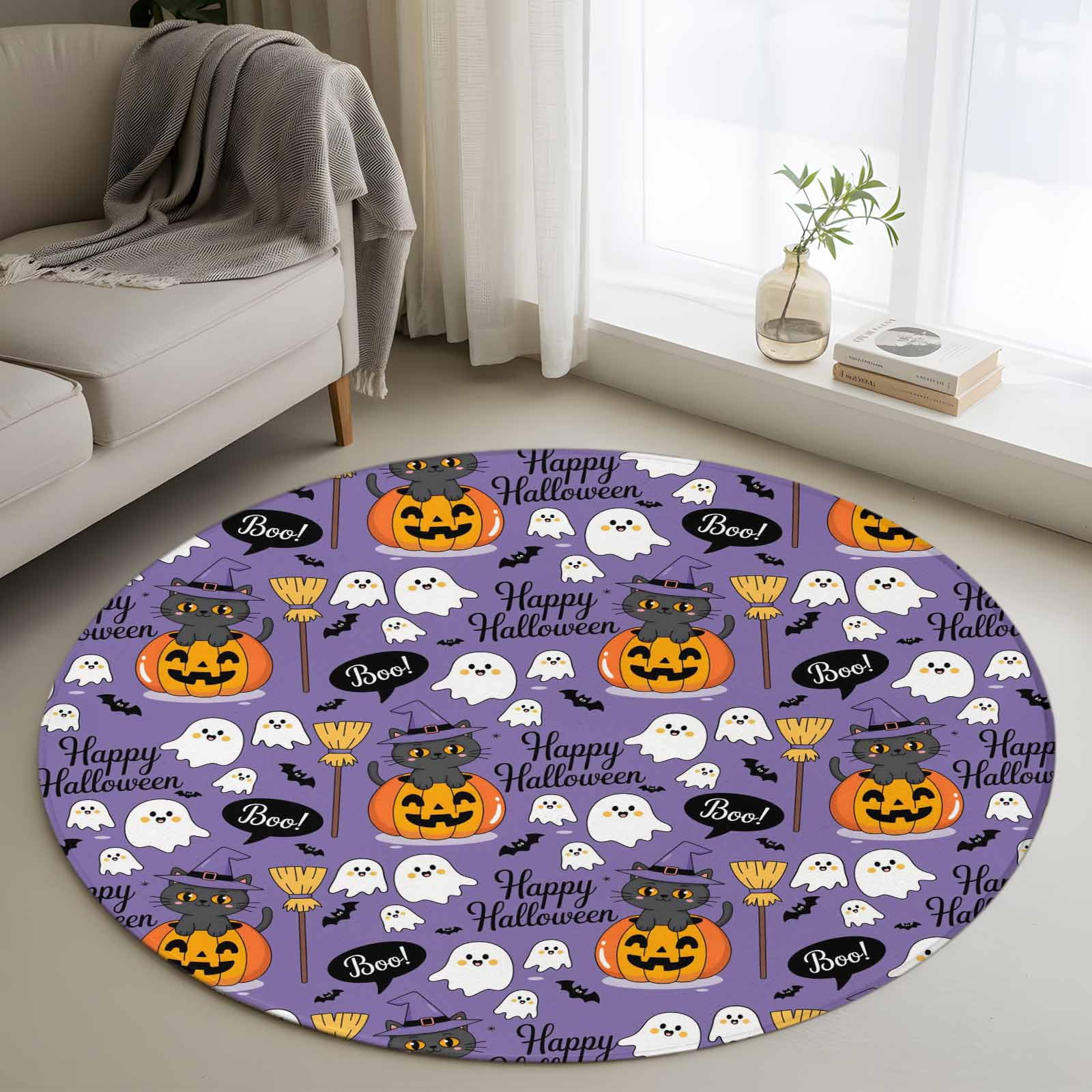 Halloween Round Rugs 4ft, Orange Pumpkin Funny Ghost Black Cat Purple ...