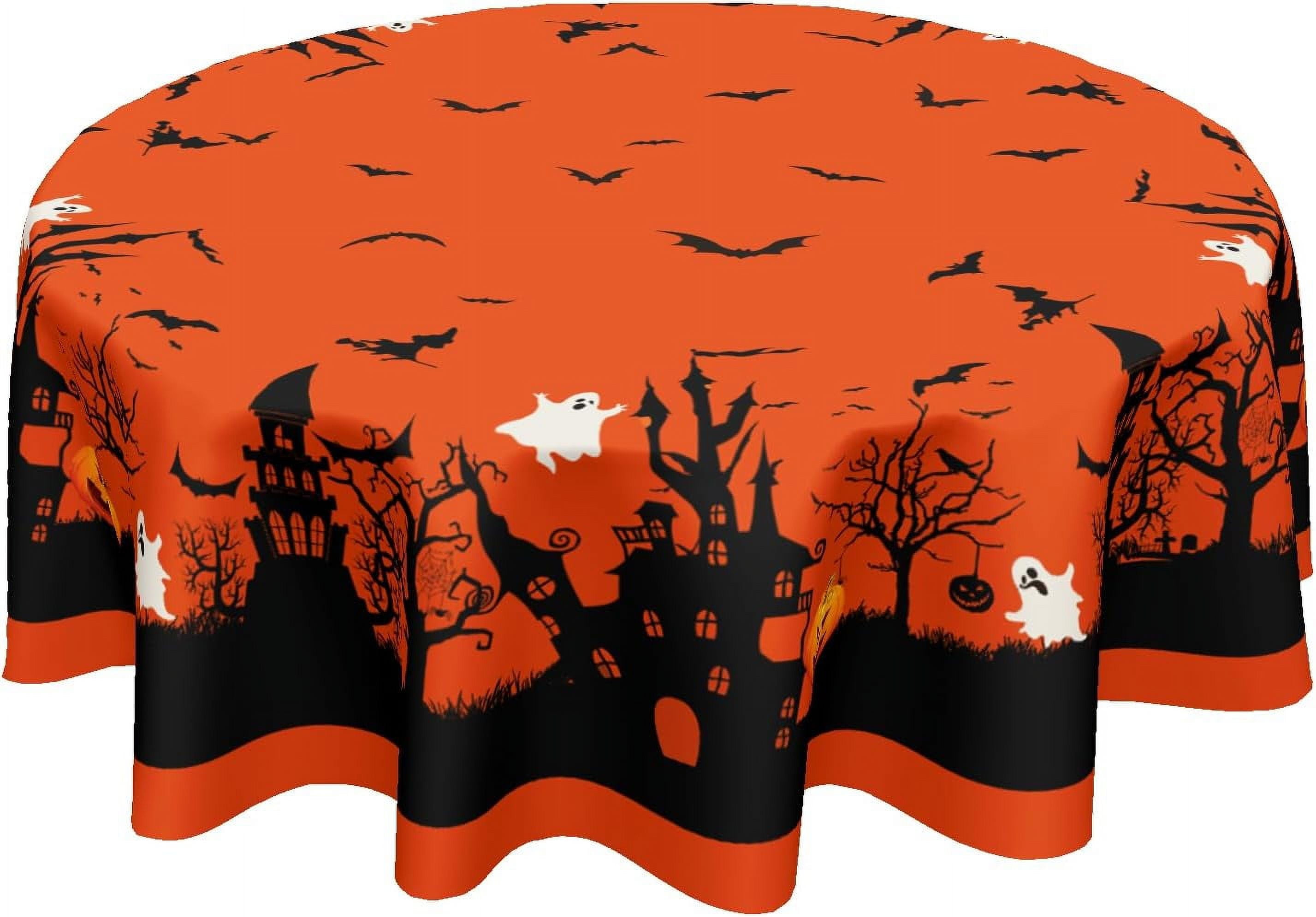 Halloween Round Tablecloth 60 Inch Ghost Tablecloth Orange Black Spooky ...