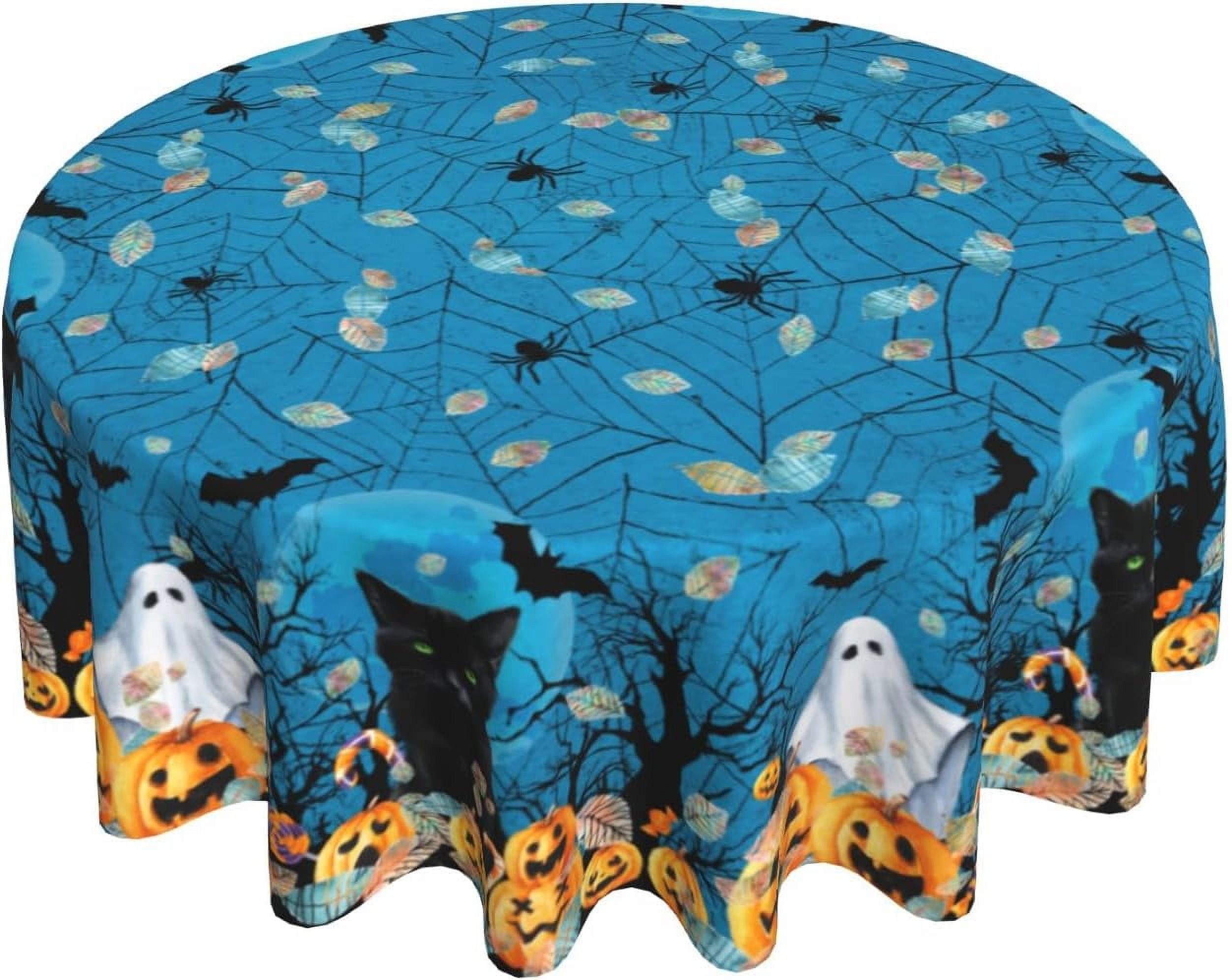 Halloween Round Tablecloth, Blue Spooky Ghost Pumpkins Black Cats Bats ...