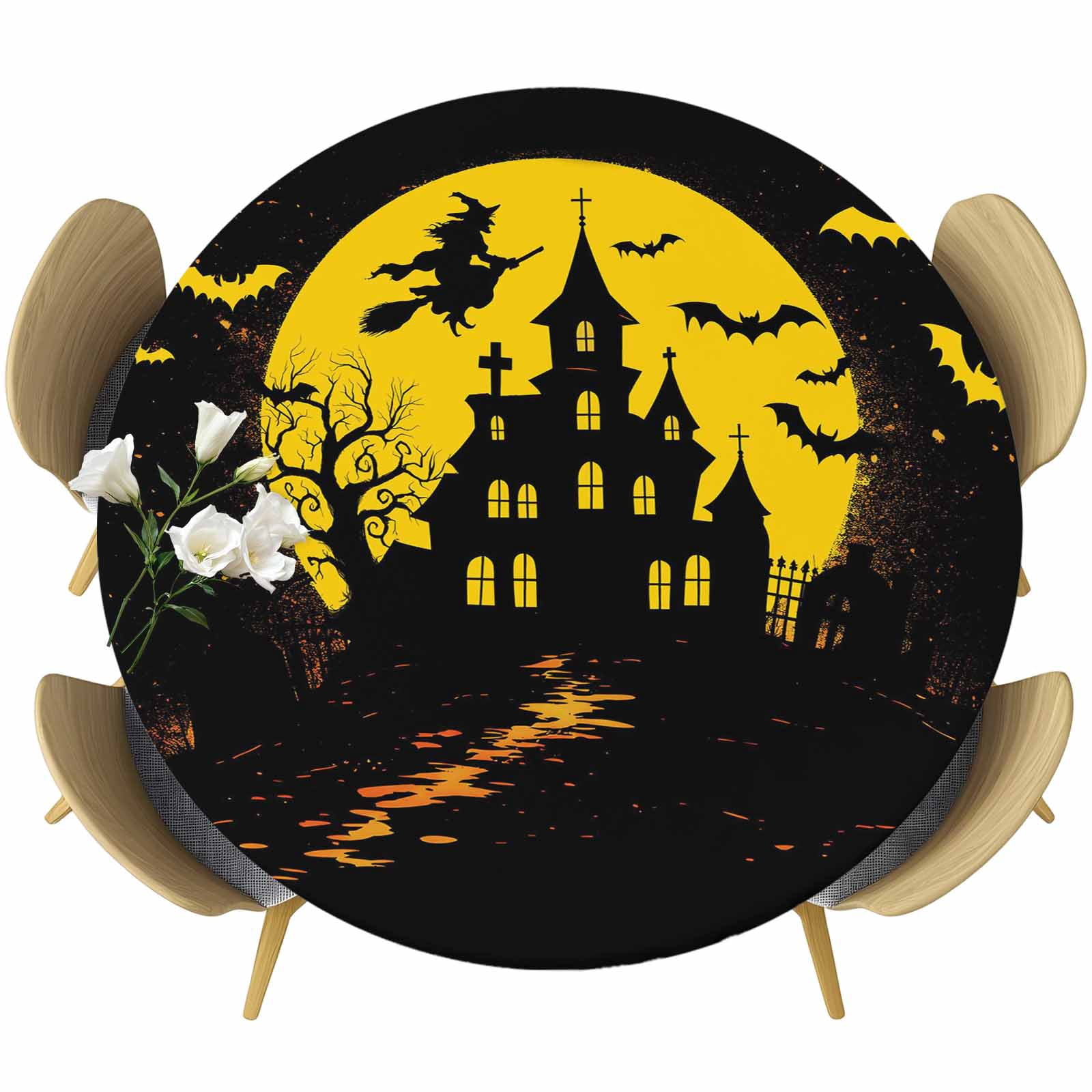 Halloween Round Tablecloth, Fitted Table Cover with Elastic for 36"-44 ...