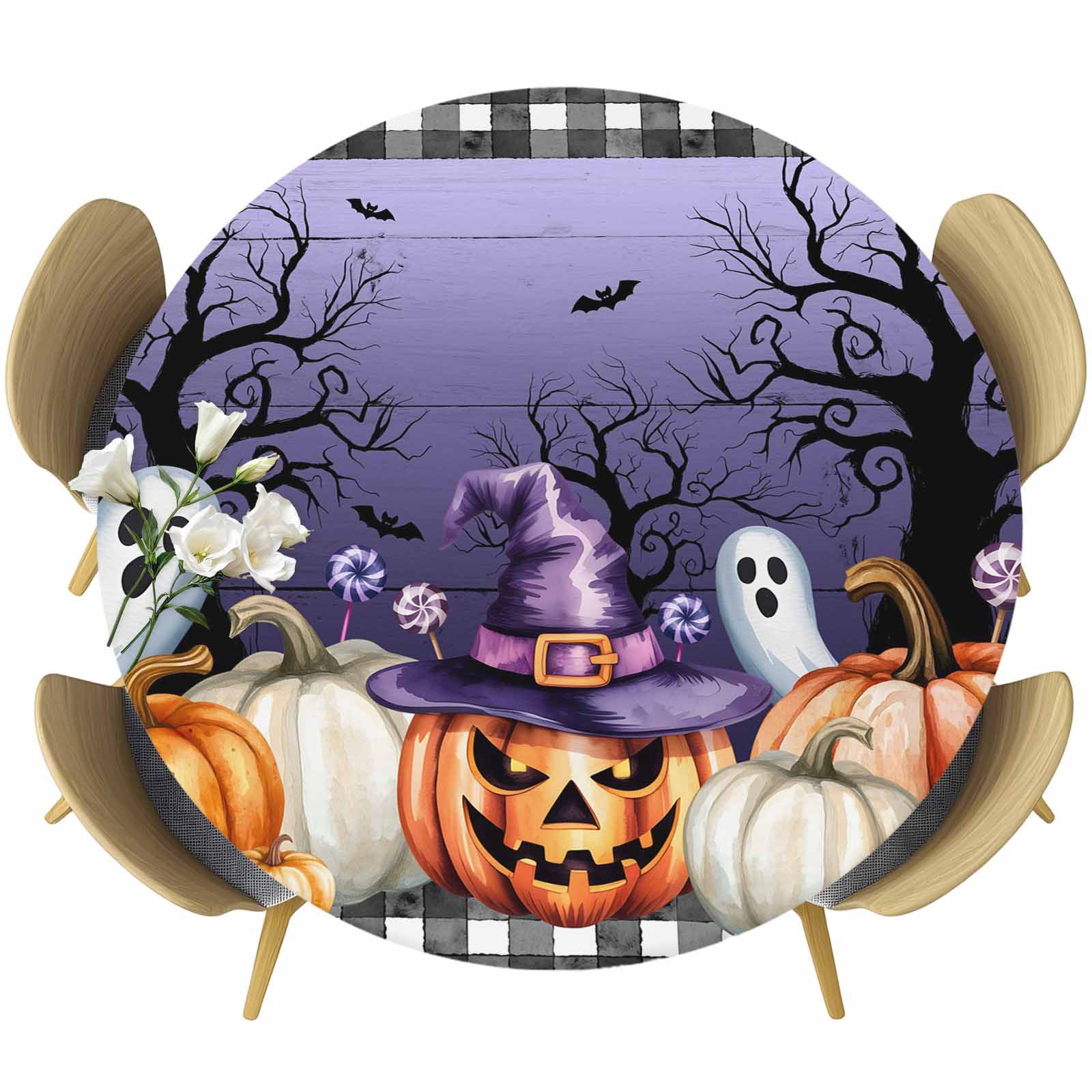 Halloween Round Tablecloth, Fitted Table Cover with Elastic for 36"-44 ...