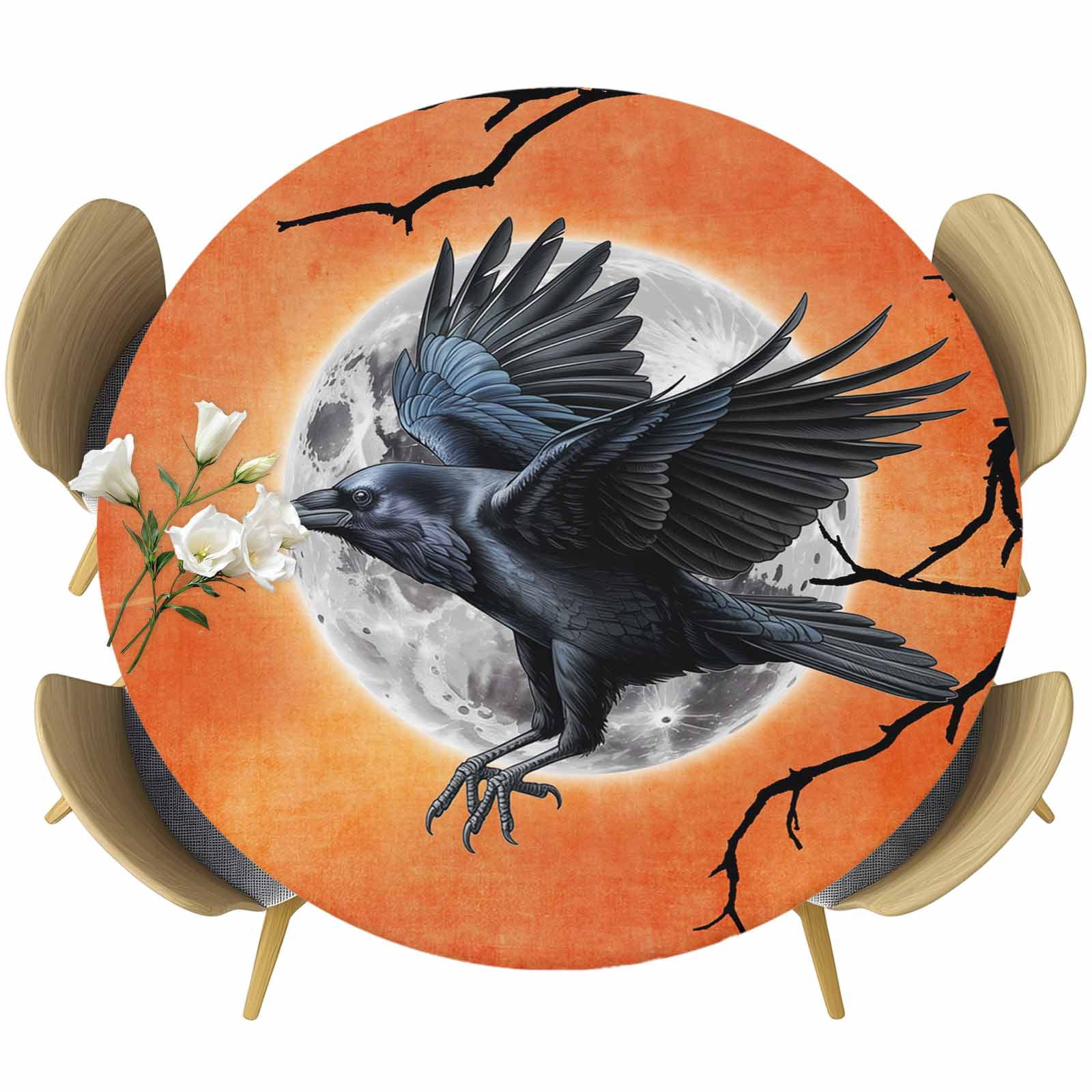 Halloween Round Tablecloth, Fitted Table Cover with Elastic for 45"-54 ...