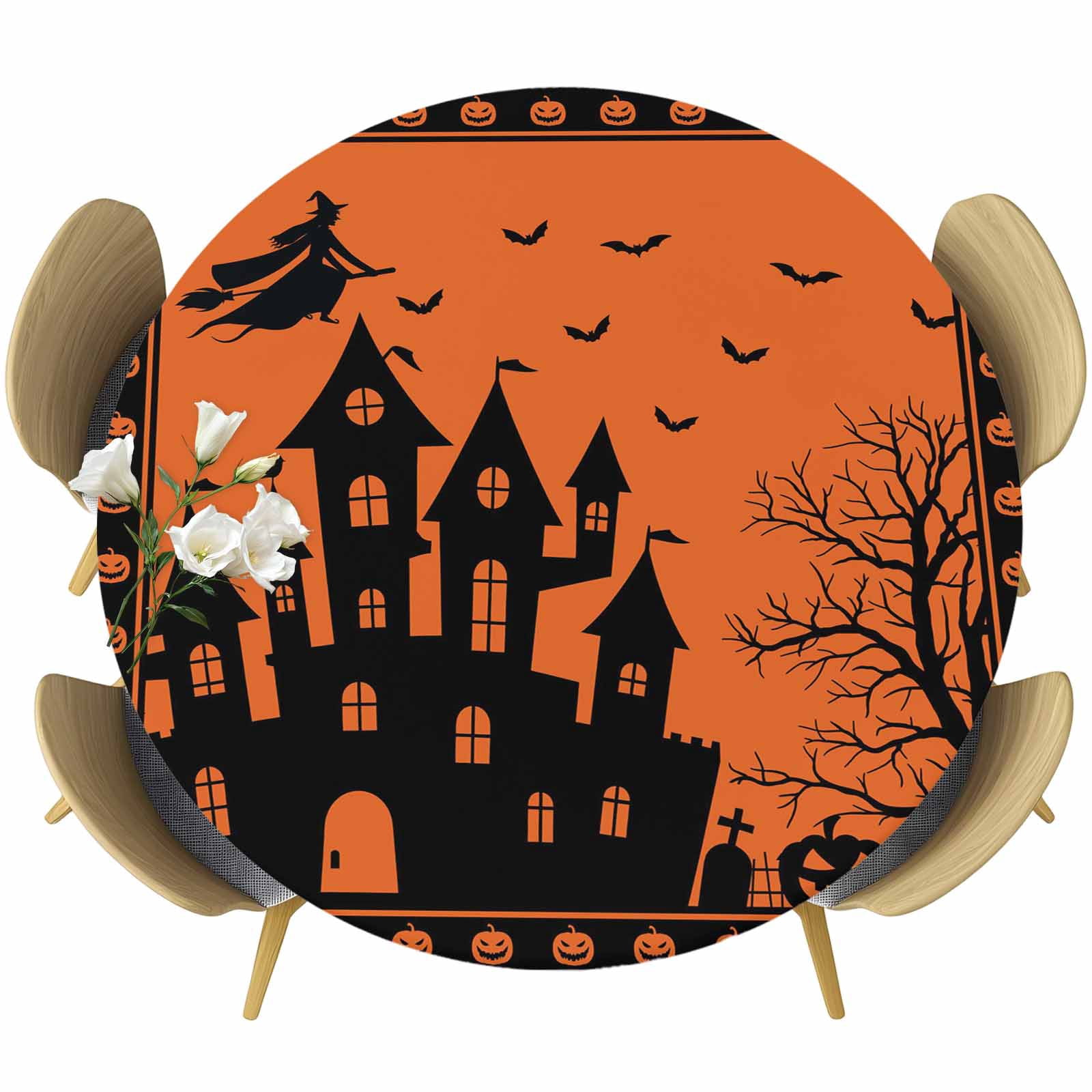 Halloween Round Tablecloth, Fitted Table Cover with Elastic for 45"-54 ...
