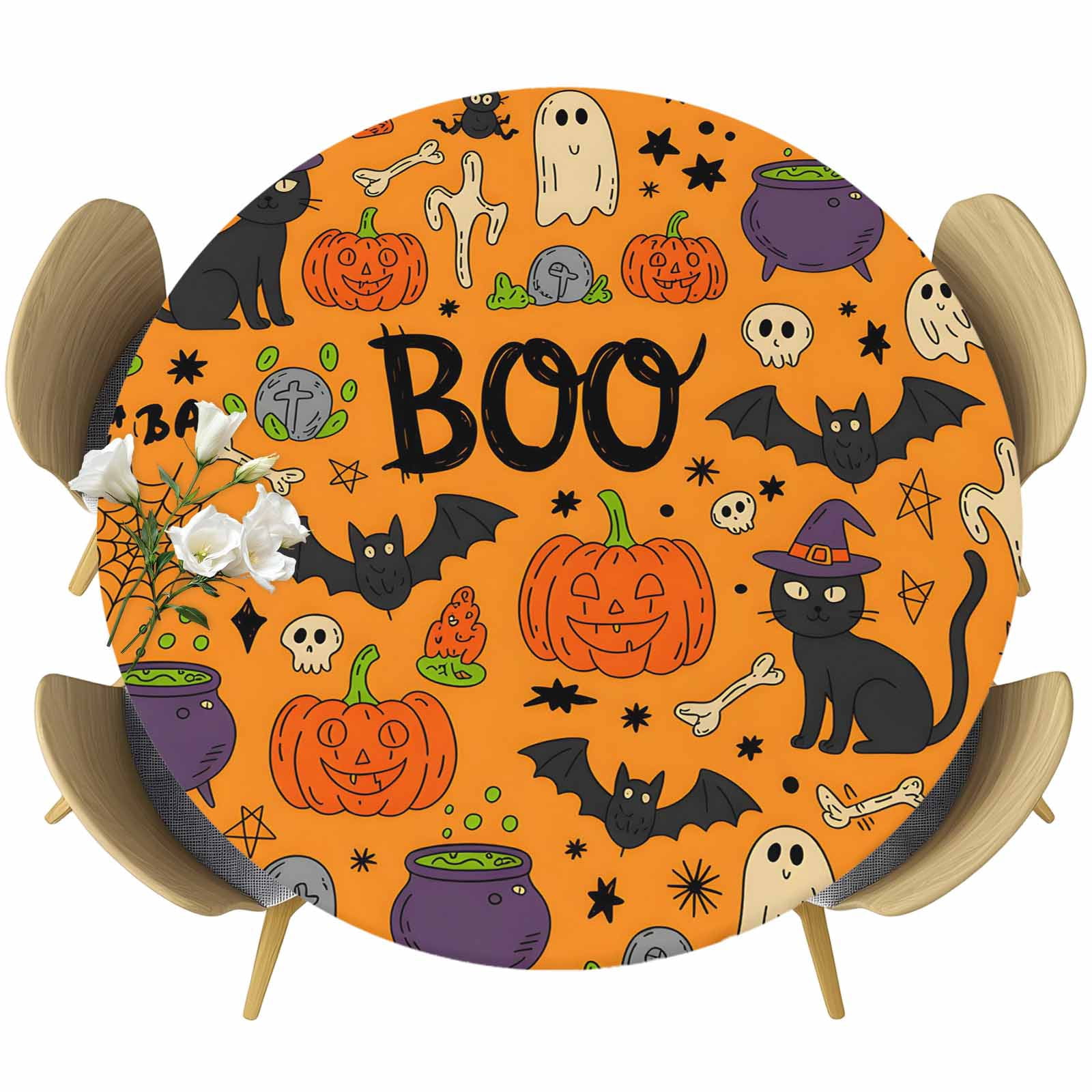 Halloween Round Tablecloth, Fitted Table Cover with Elastic for 45"-54 ...