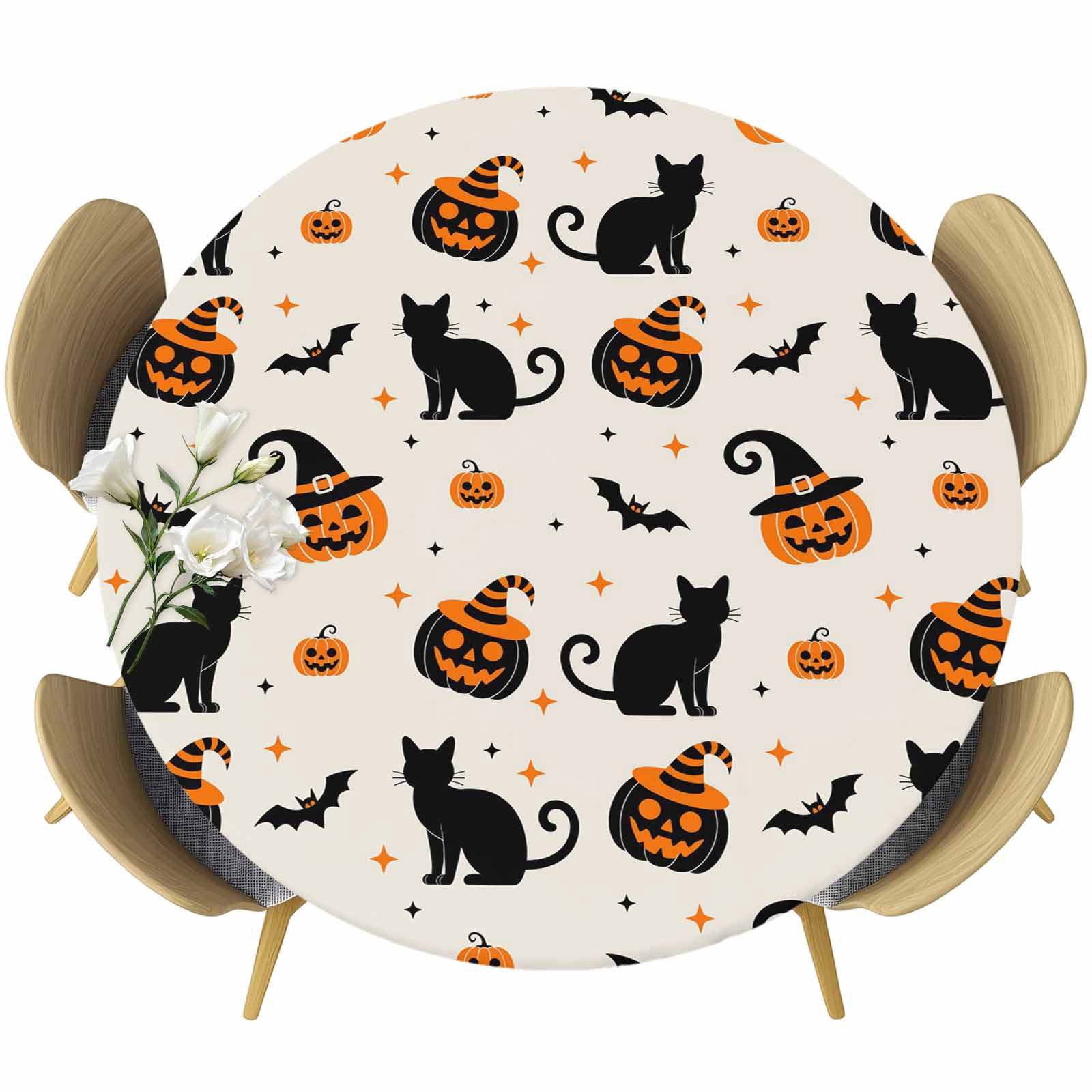 Halloween Round Tablecloth, Fitted Table Cover with Elastic for 55"-60 ...