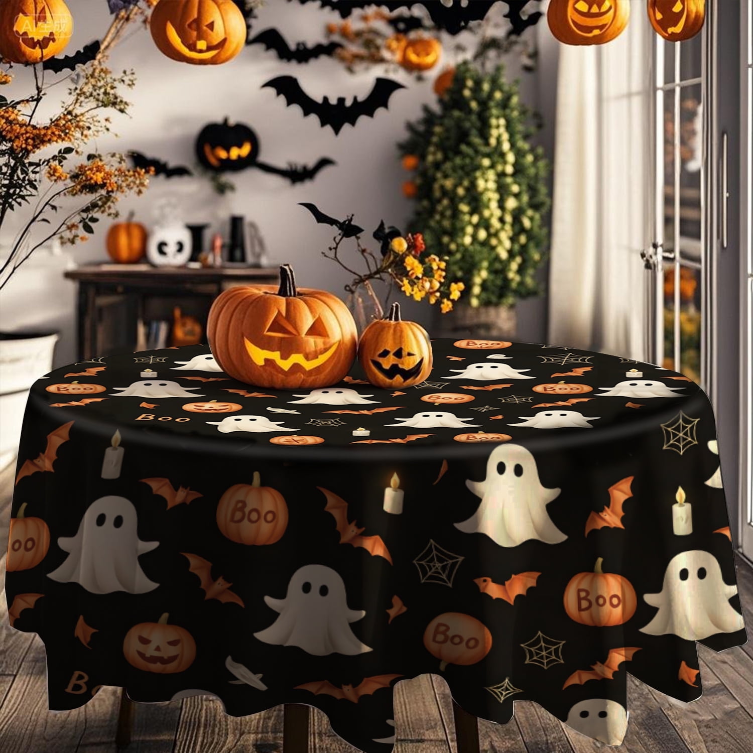 Halloween Round Tablecloth with Ghost, Pumpkin, Bat Pattern, Black ...