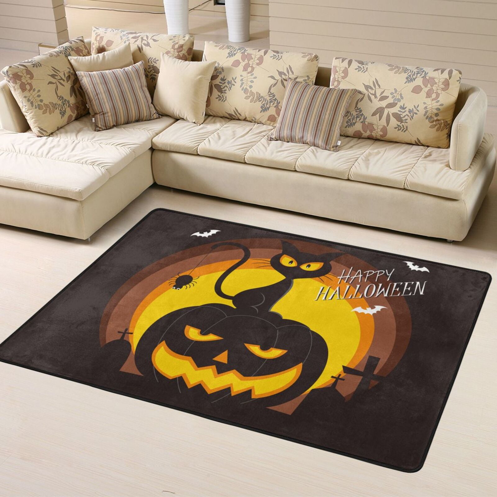 Halloween Rugs for Living Room Halloween Relaxing Pumpkin Cat Washable ...
