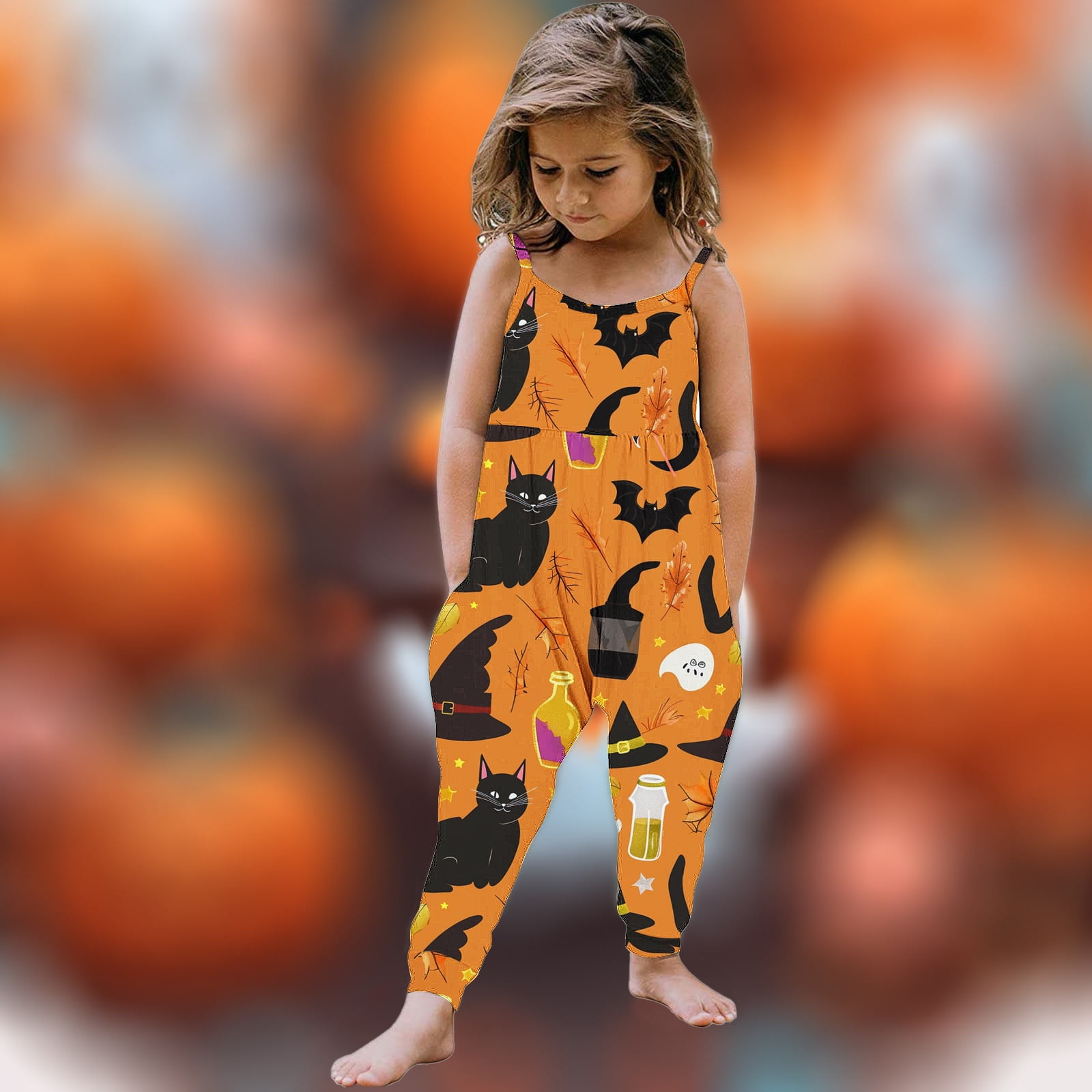 Halloween Savings! Joau Toddler Baby Girls Halloween Outfit Sleeveless Jumpsuit Pumpkin Ghost ...