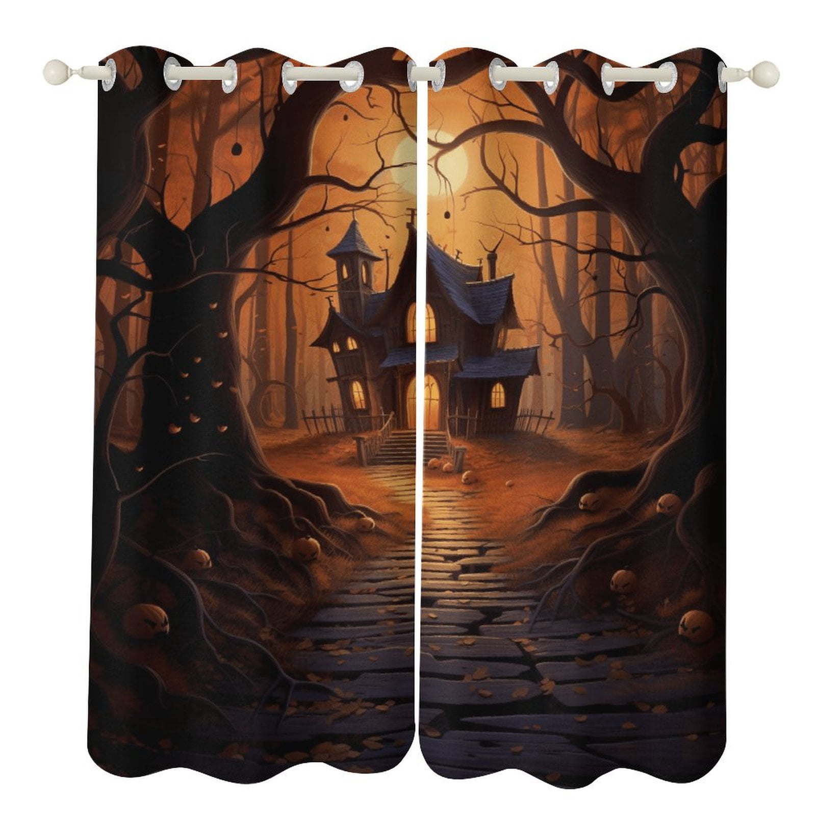 Halloween Scary Night Full Moon Blackout Curtains, Watercolor Pattern ...