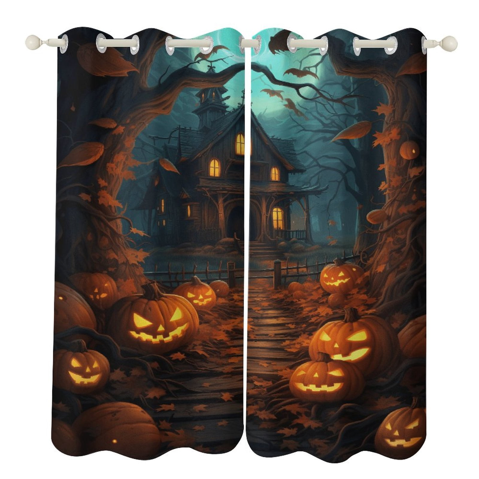 Halloween Scary Night Full Moon Curtains Watercolor Theme Window ...