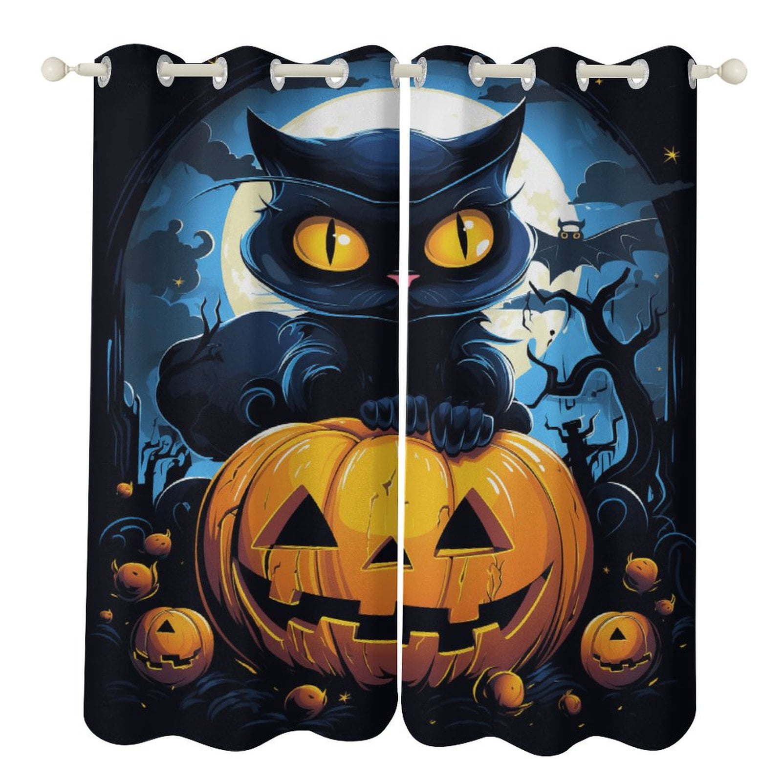Halloween Scary Night Full Moon Curtains Watercolor Theme Window ...