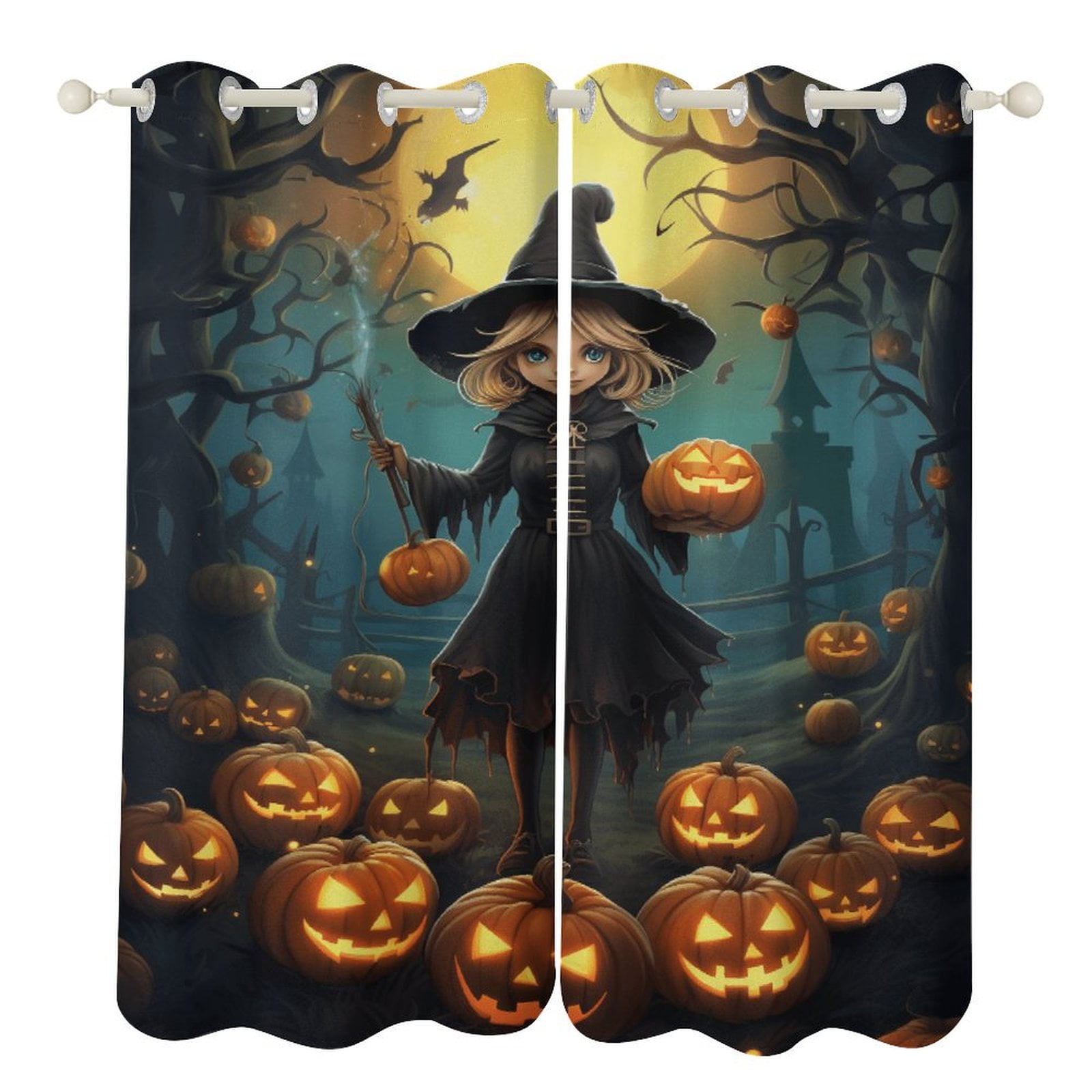 Halloween Scary Night Full Moon Curtains Watercolor Theme Window ...