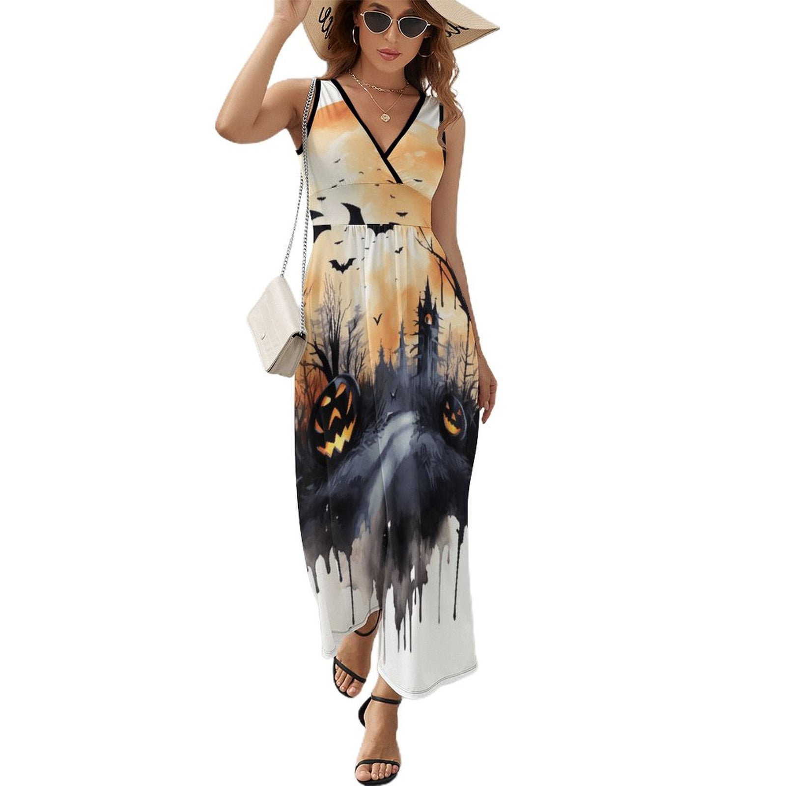 Halloween Scary Night Full Moon Sleeveless Dress Female Clothing Dress ...