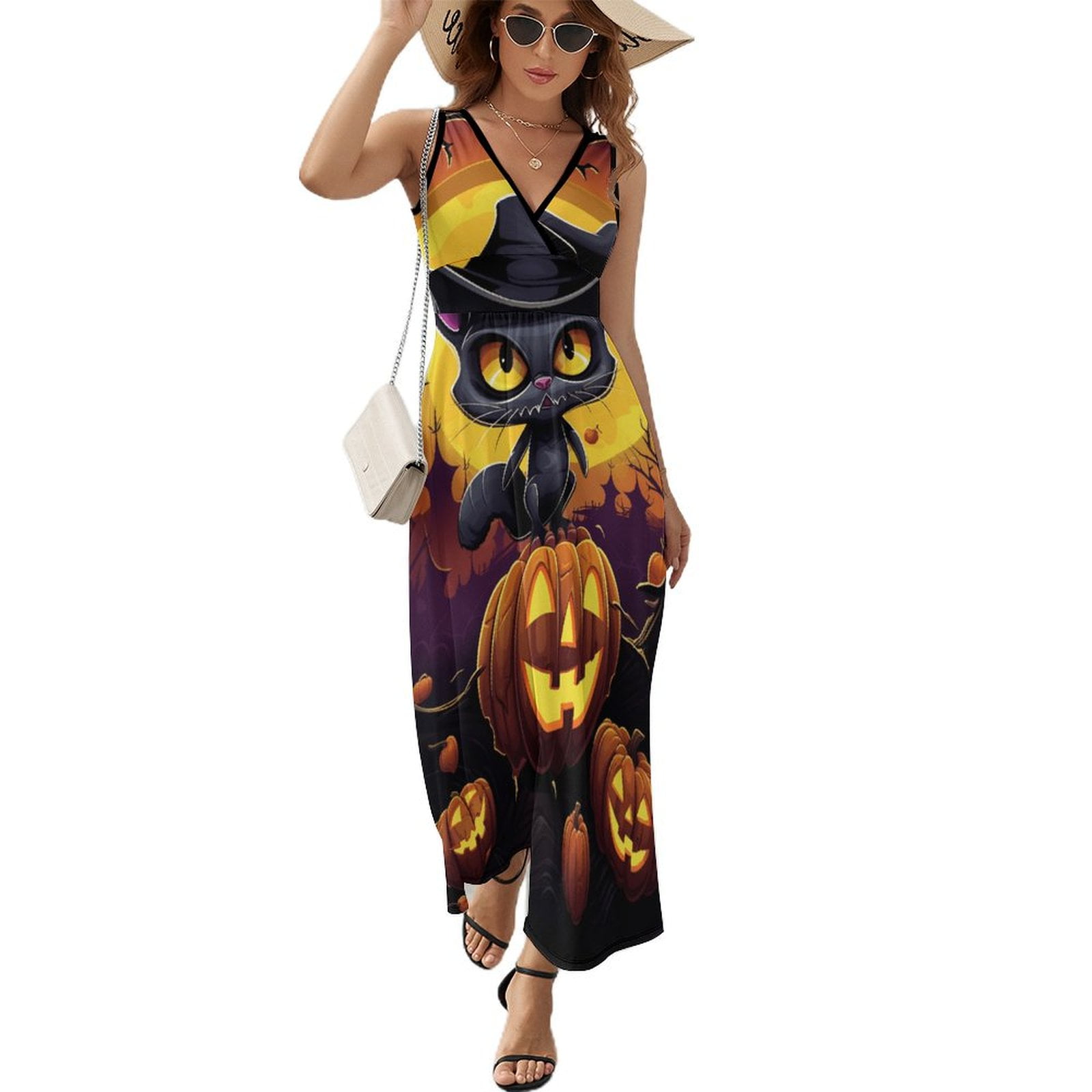 Halloween Scary Night Full Moon Sleeveless Dress Female Clothing Dress ...
