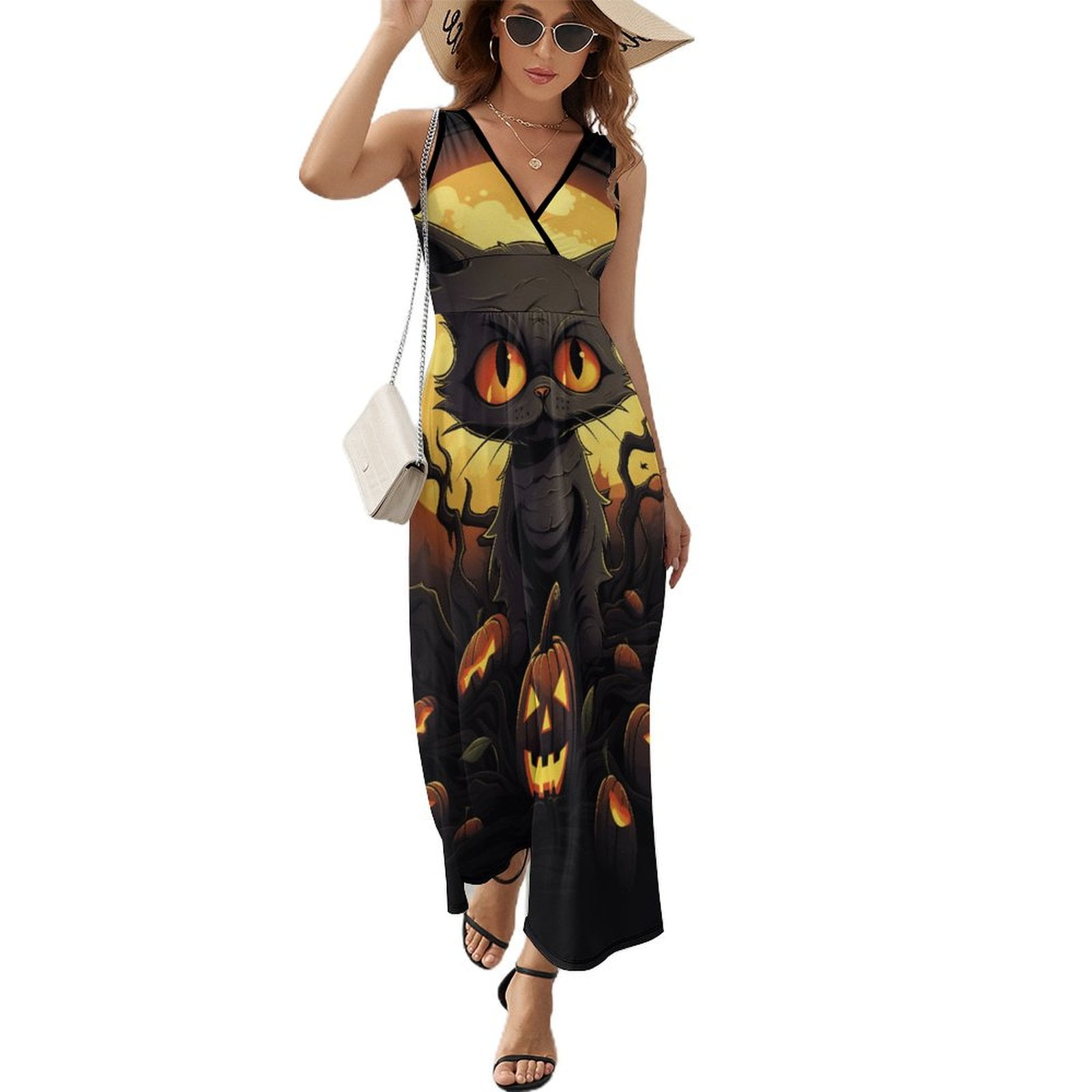 Halloween Scary Night Full Moon Sleeveless Dress Female Clothing Dress ...